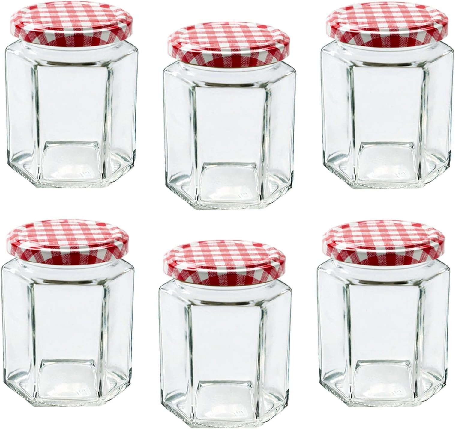 Offer Shop Glass Jam Jars with Red Gingham Lid & Labels - 280ml / 9oz Hexagonal Storage Glass ...
