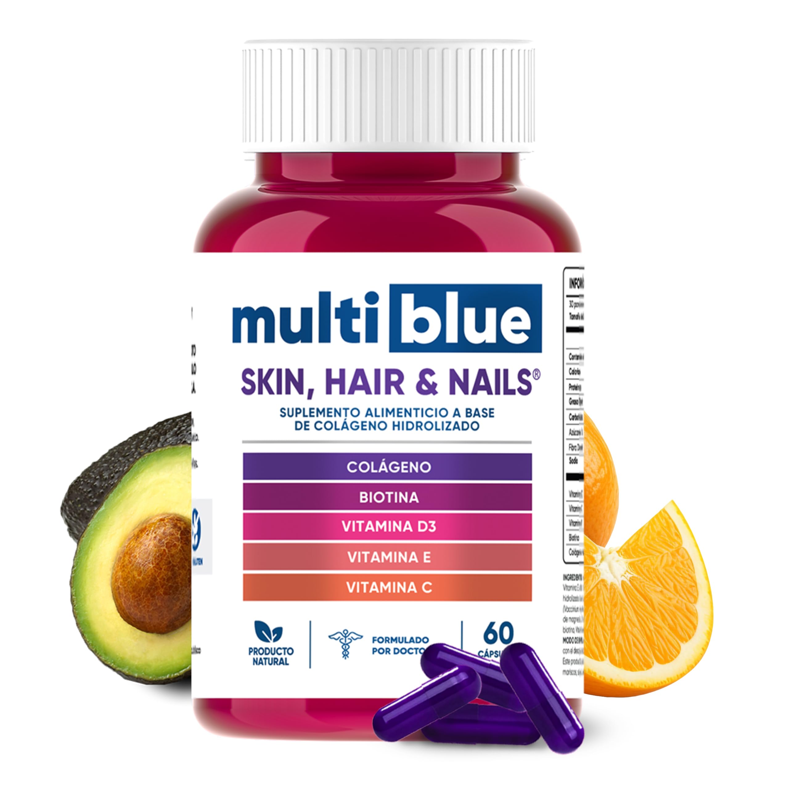 MultiBlue - Colageno + Biotina 60 Capsulas | Formulado con Vitamina D3 ...