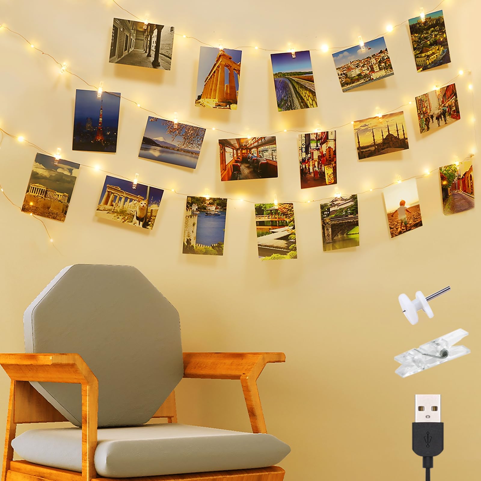 btfarm 50 LED Photo Clip String Lights with Timer, 5M Photo Peg Fairy ...