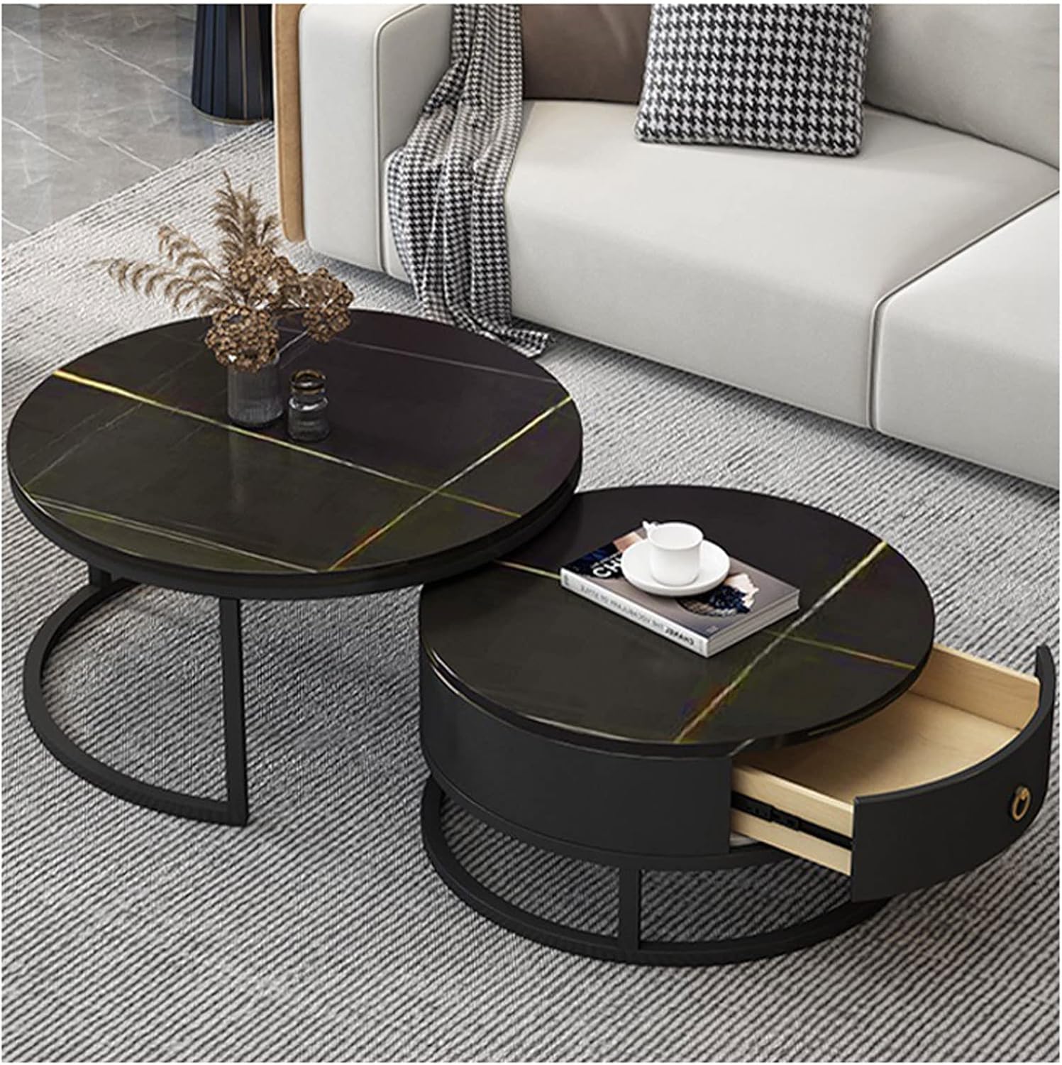 REOTEL Set of 2 Round Coffee Table with Drawers, Living Room Side Table ...