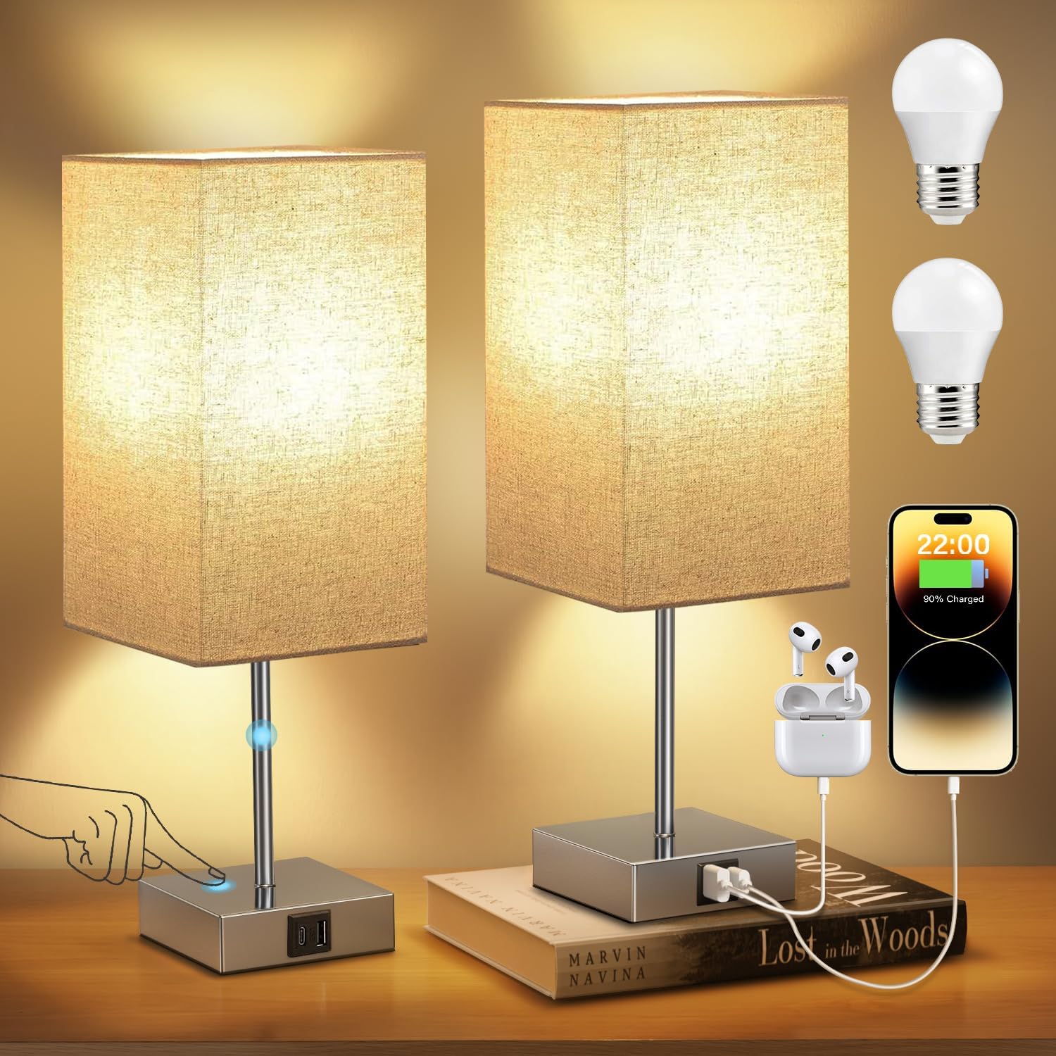 STANBOW Bedside Lamps Set of 2, Pair of Touch Lamps Bedside with USB A ...
