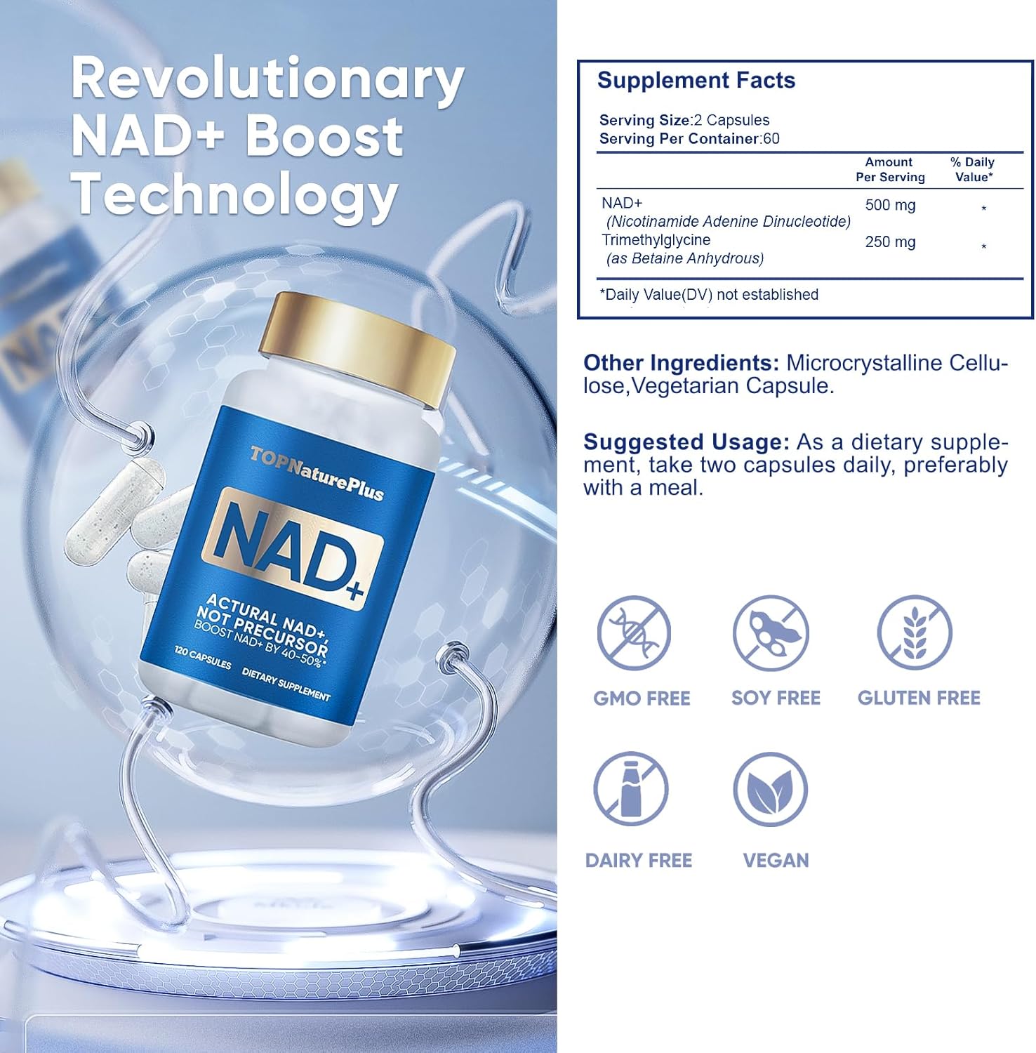 Suplemento NAD, más eficiente que el NMN, NAD+ 500 mg con TMG 250 mg para metabolismo de energía ...