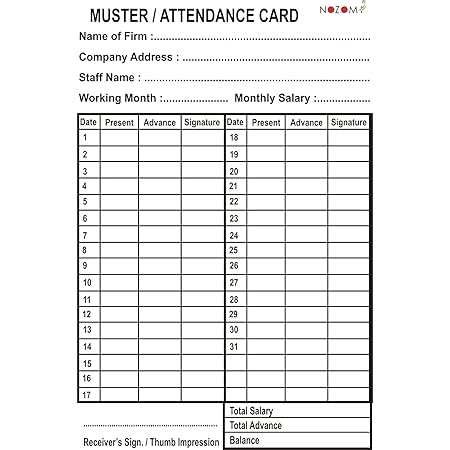 NOZOMI MUSTER CARDS / STAFF ATTENDANCE CARD - for MONTHLY ATTENDANCE ...