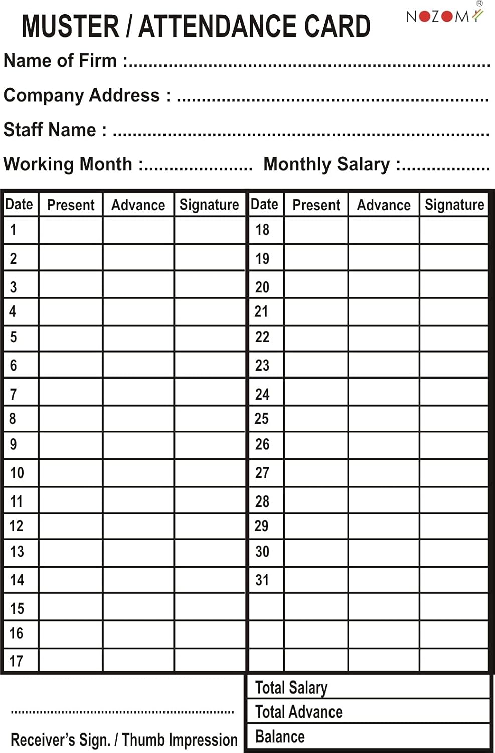 NOZOMI MUSTER CARDS/STAFF ATTENDANCE CARD - for MONTHLY ATTENDANCE AND ...