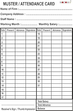 NOZOMI MUSTER CARDS/STAFF ATTENDANCE CARD - for MONTHLY ATTENDANCE AND ...