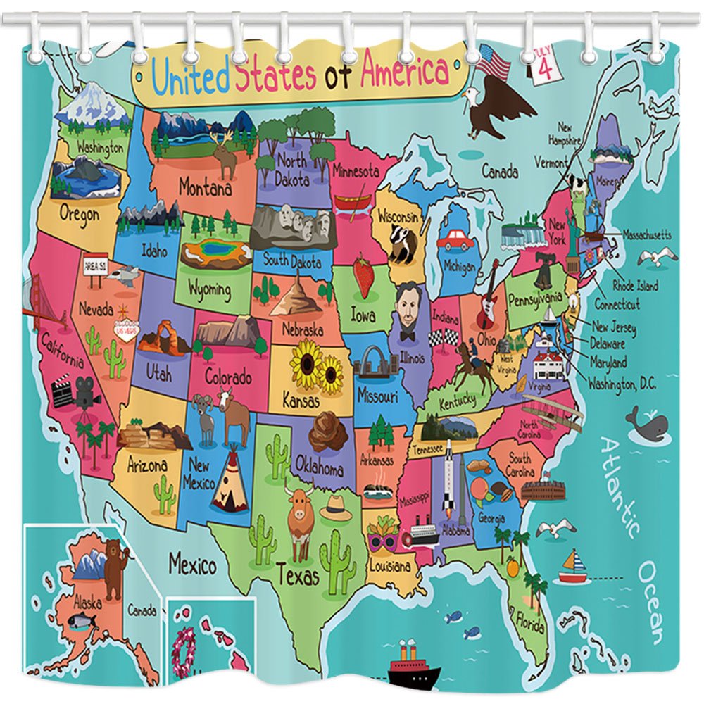 Buy NYMB Kids Map of The United States Bath Curtain, Cartoon Fun Facts ...