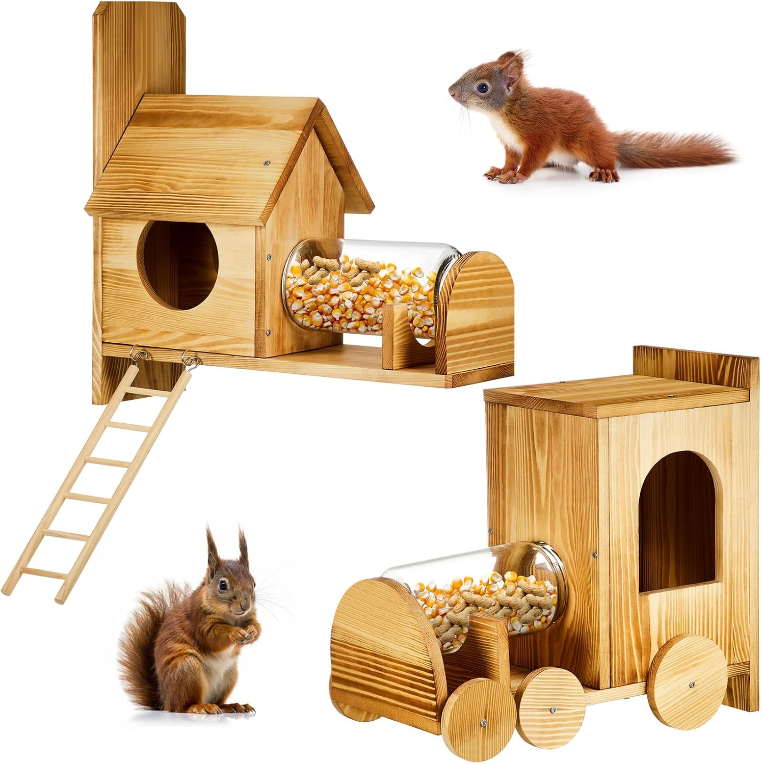 Amazon.com: Thyle 2 Pcs Wood Squirrel Feeder with Glass Jar Large ...