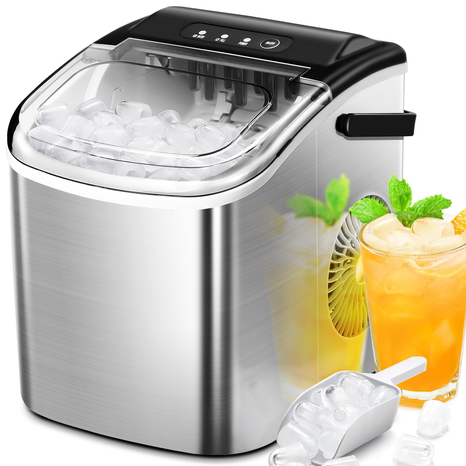 ZAFRO Ice Maker Countertop, Portable Stainless Steel Ice Machine with ...