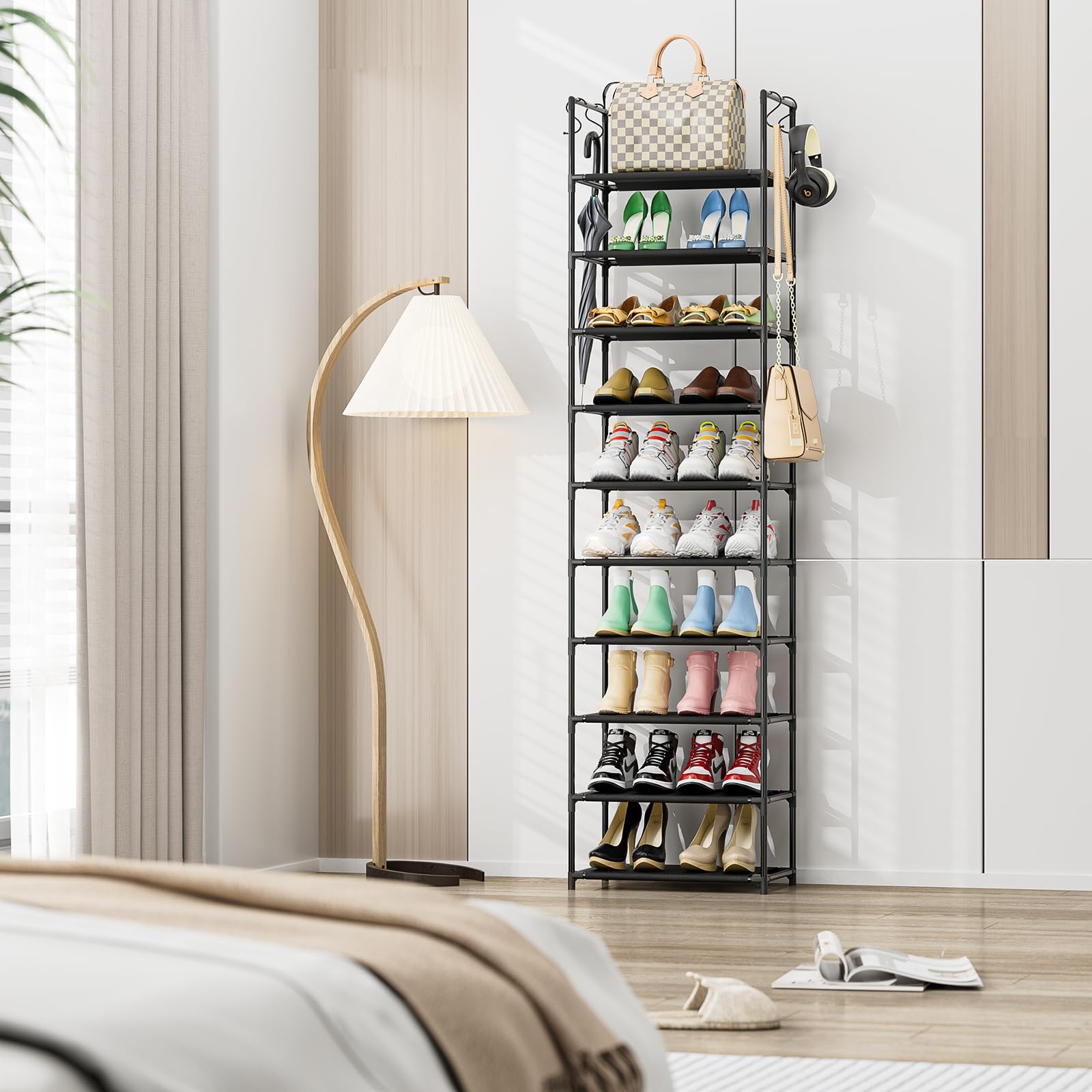 Finew 10 Tiers Tall Shoe Rack Organizer, Vertical Metal Shoe Shelf for ...
