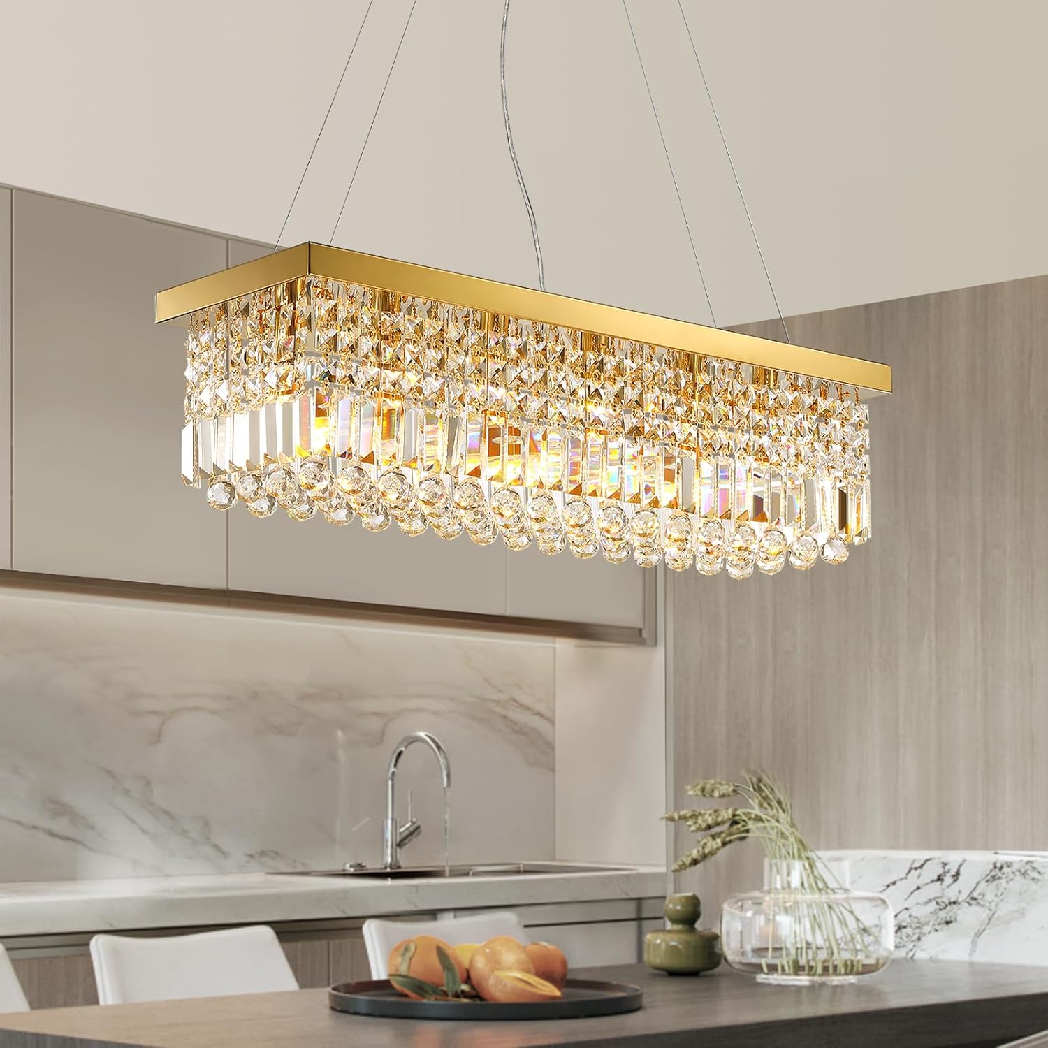 Siljoy 6-Light Modern Crystal Chandelier Rectangular Gold K9 Crystal ...