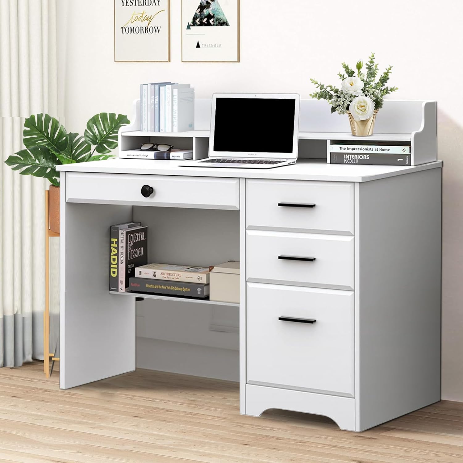 Amazon.com: Catrimown Computer Desk with 4 Drawers and Hutch, Home ...