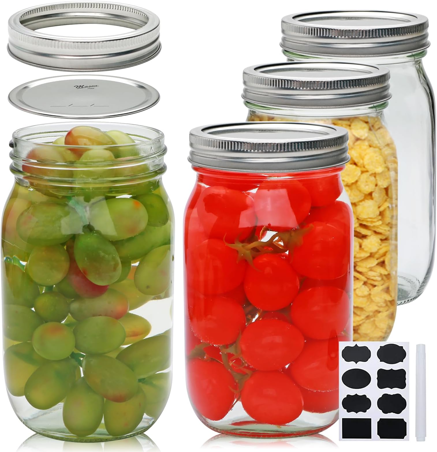 Amazon.com: Woaiwo-q Wide Mouth Mason Jars Set, 32oz Clear Glass Jars 4 ...