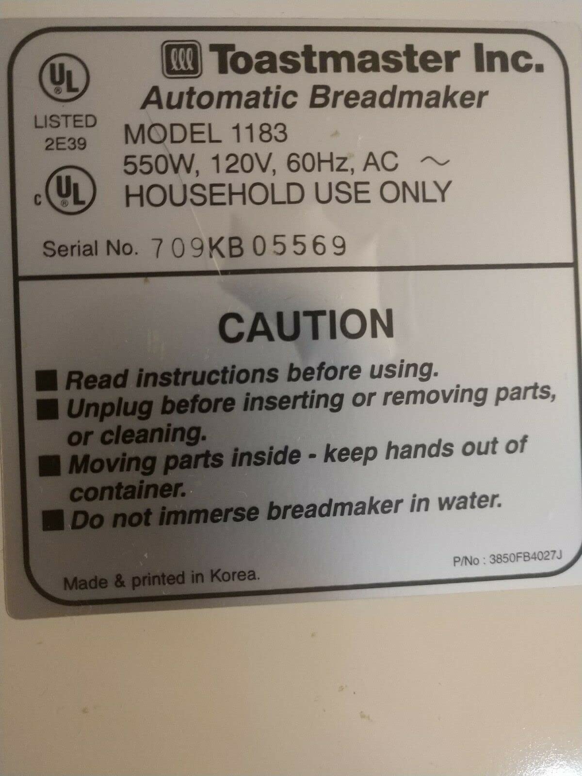 Toastmaster 1183x Bread Machine Manual
