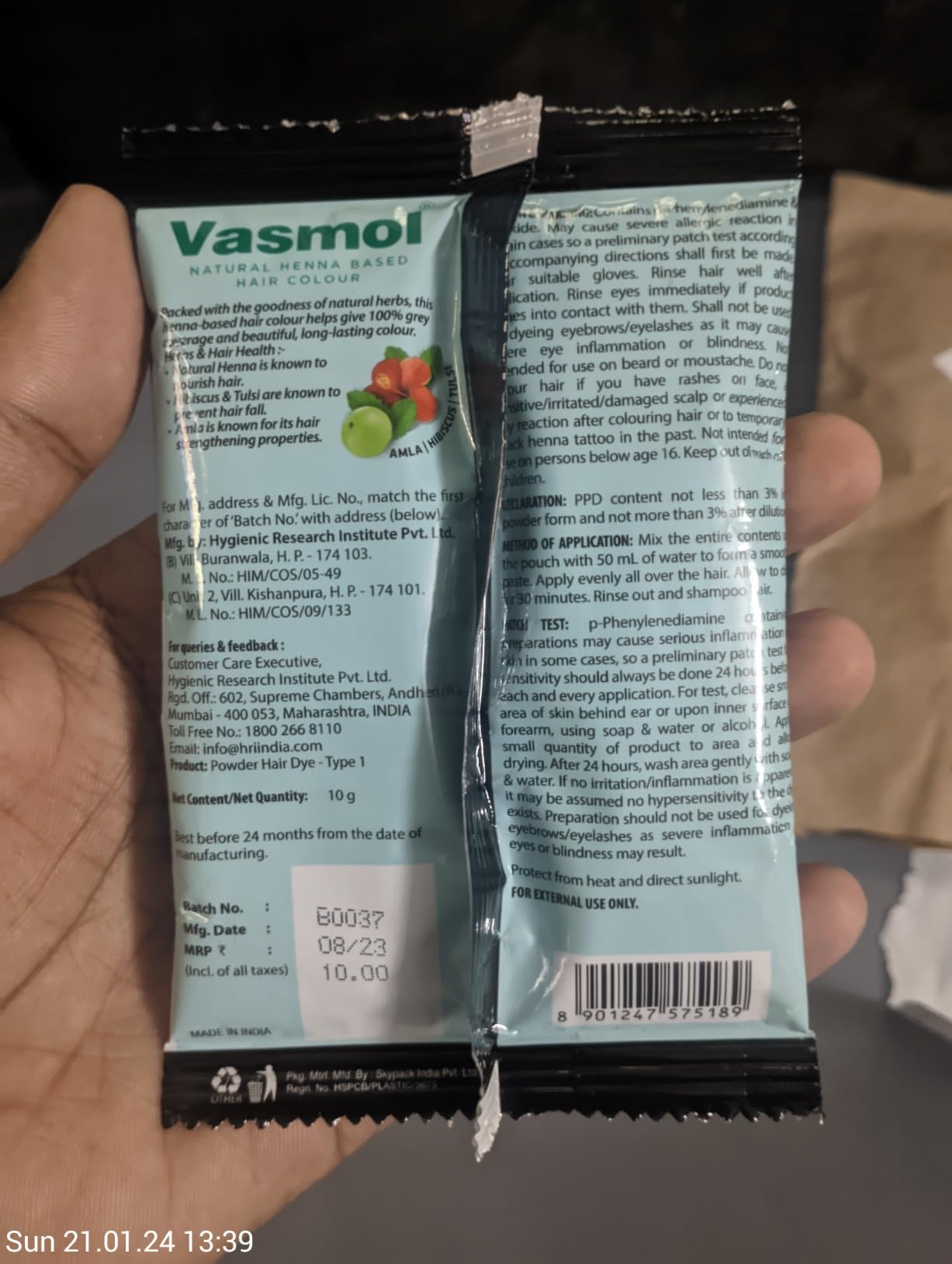 Buy Vasmol Natural Henna Based Hair Colour, 10 gm ( Natural Black ...