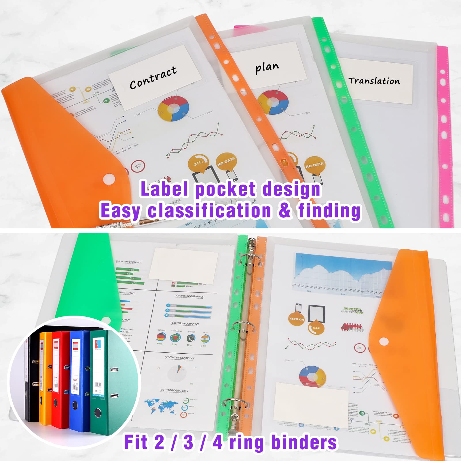 Snapklik.com : Binder Pockets, 12 Pack 11 Holes Binder Pouch Clear Poly ...