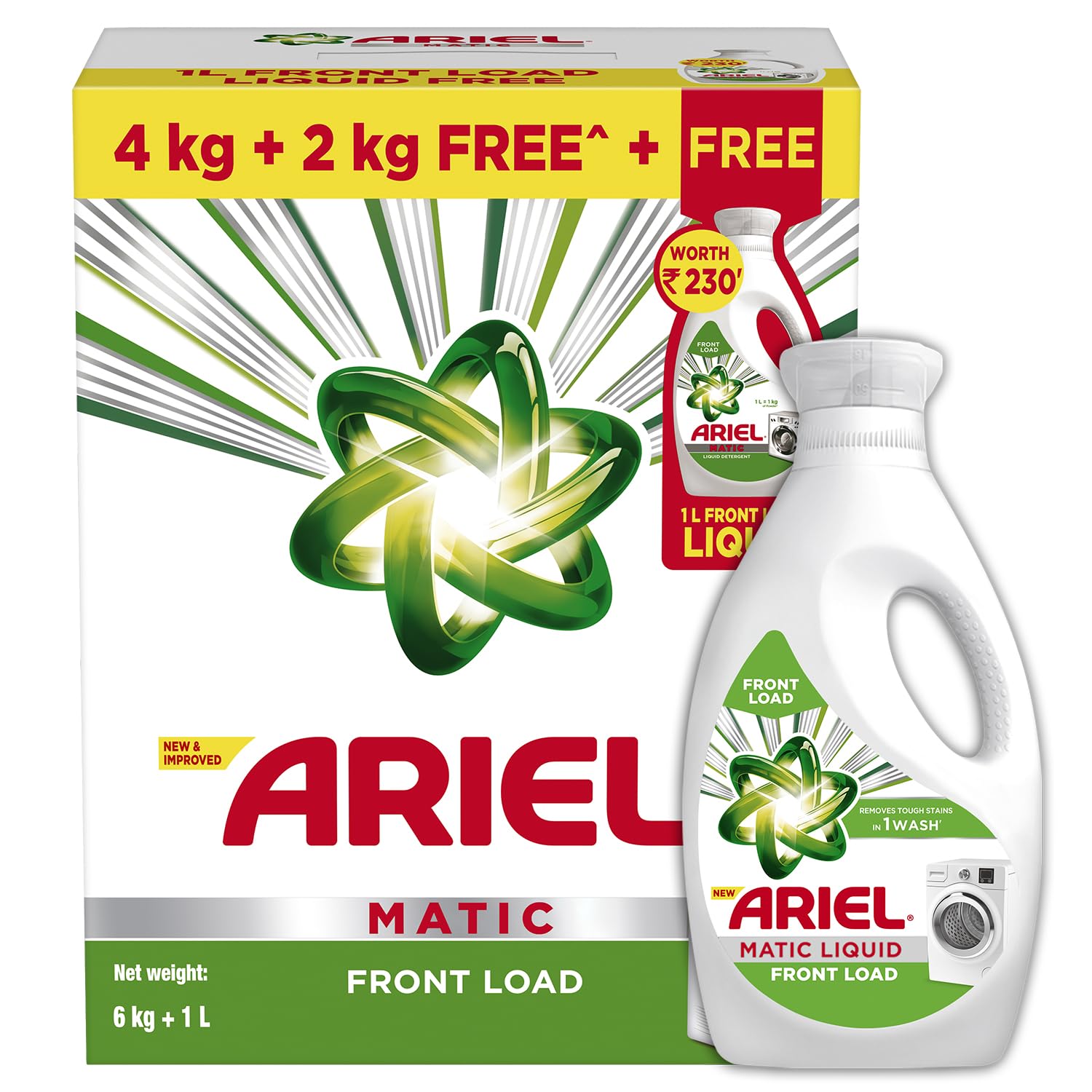 Ariel Matic Front Load + Matic Liquid Free Detergent Washing Powder – 6kg + 1L Liquid Free ...