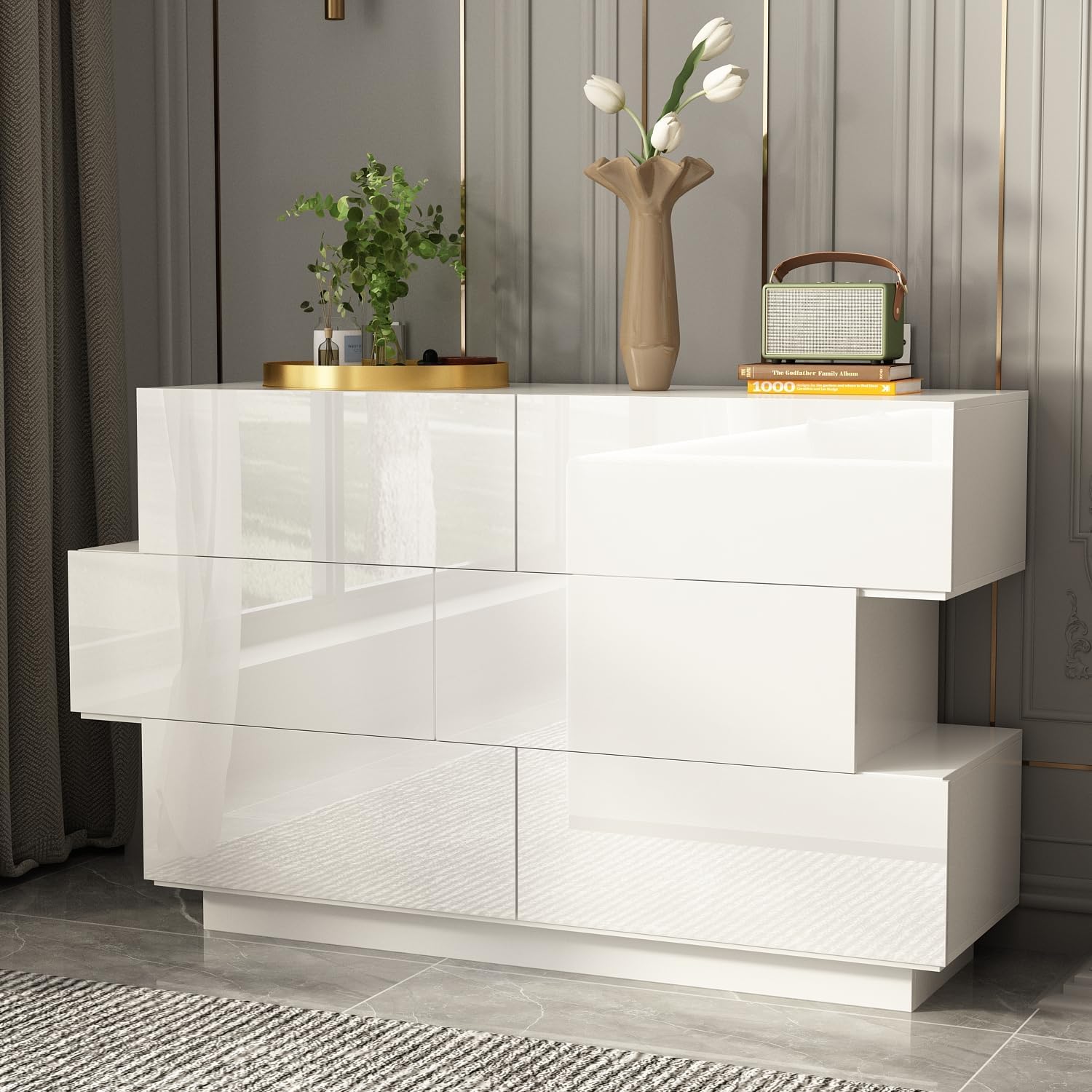Amazon.com: homary Modern White Leather 6 Drawer Dresser Chest with ...