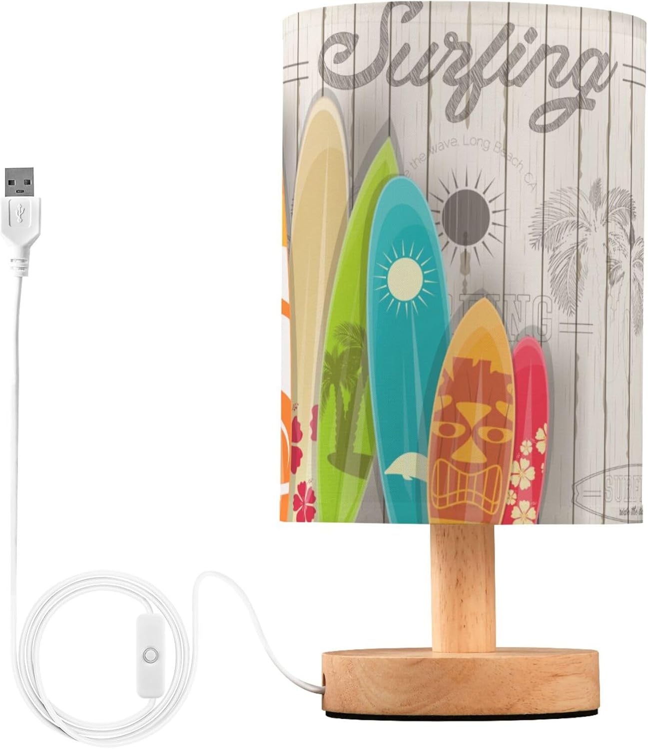 YYZZH Table Lamp Colorful Surfboard Palm Tree Vintage White Wooden ...