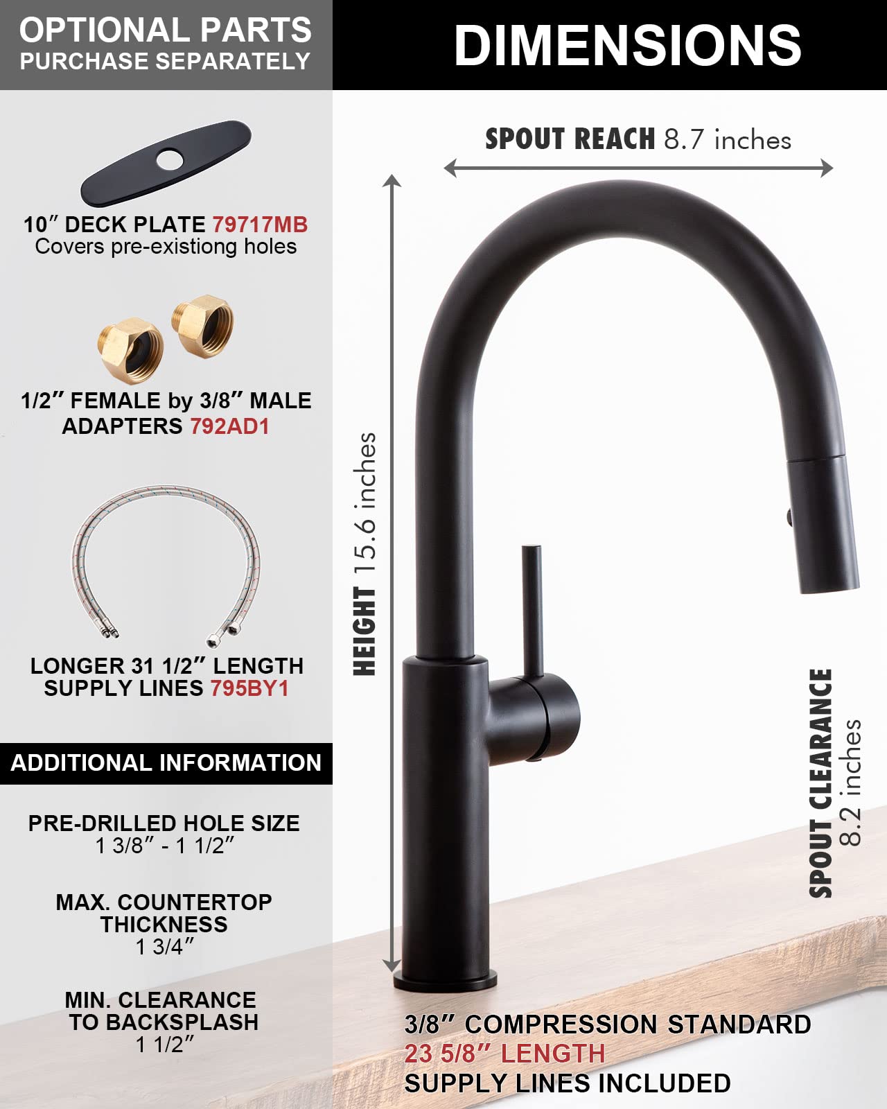 Darnok 79723MB Mia Black Kitchen Faucet with Pull Down Sprayer, 15.6 ...