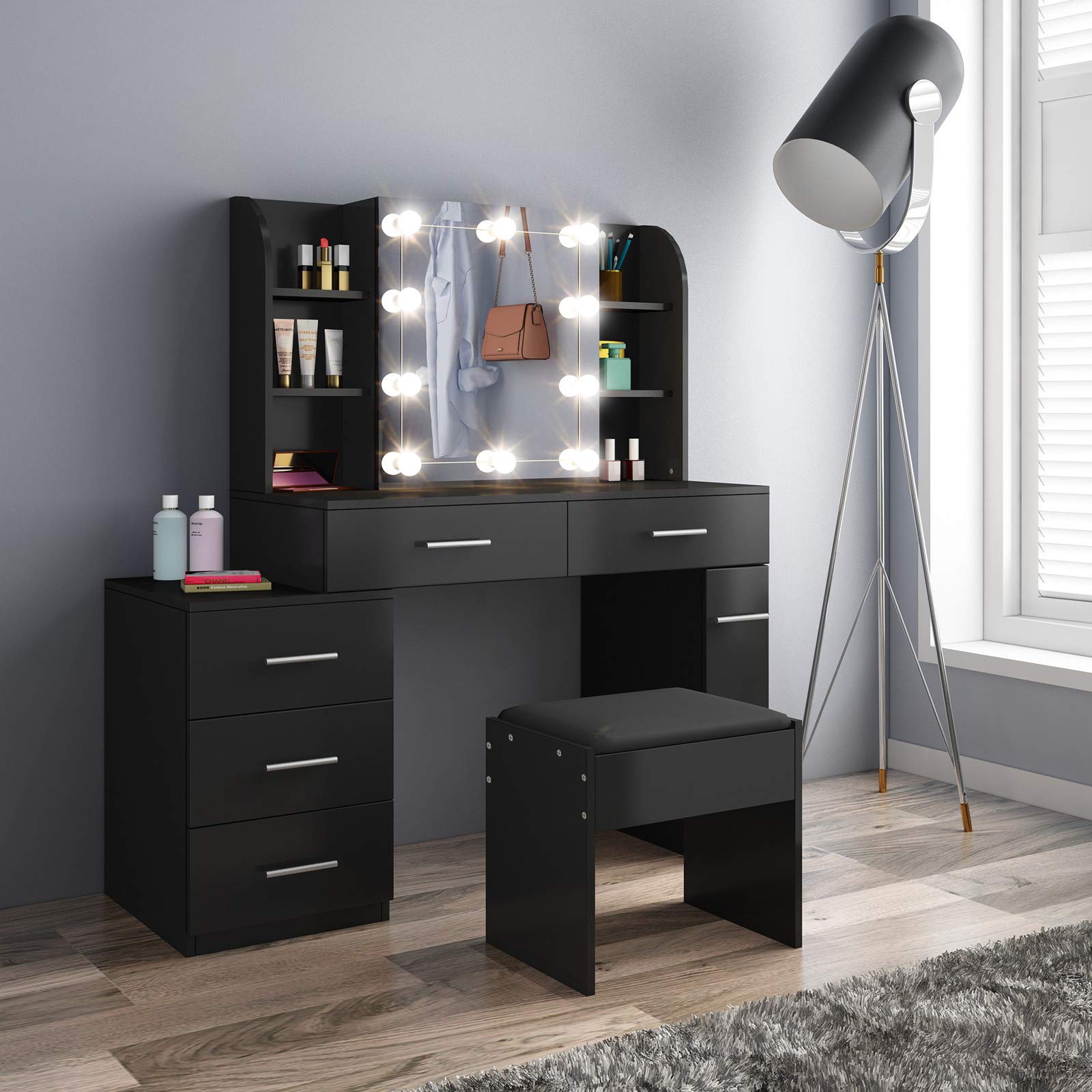 Dressing Table with Light Bulbs & Sliding Mirror, Black Vanity Makeup ...