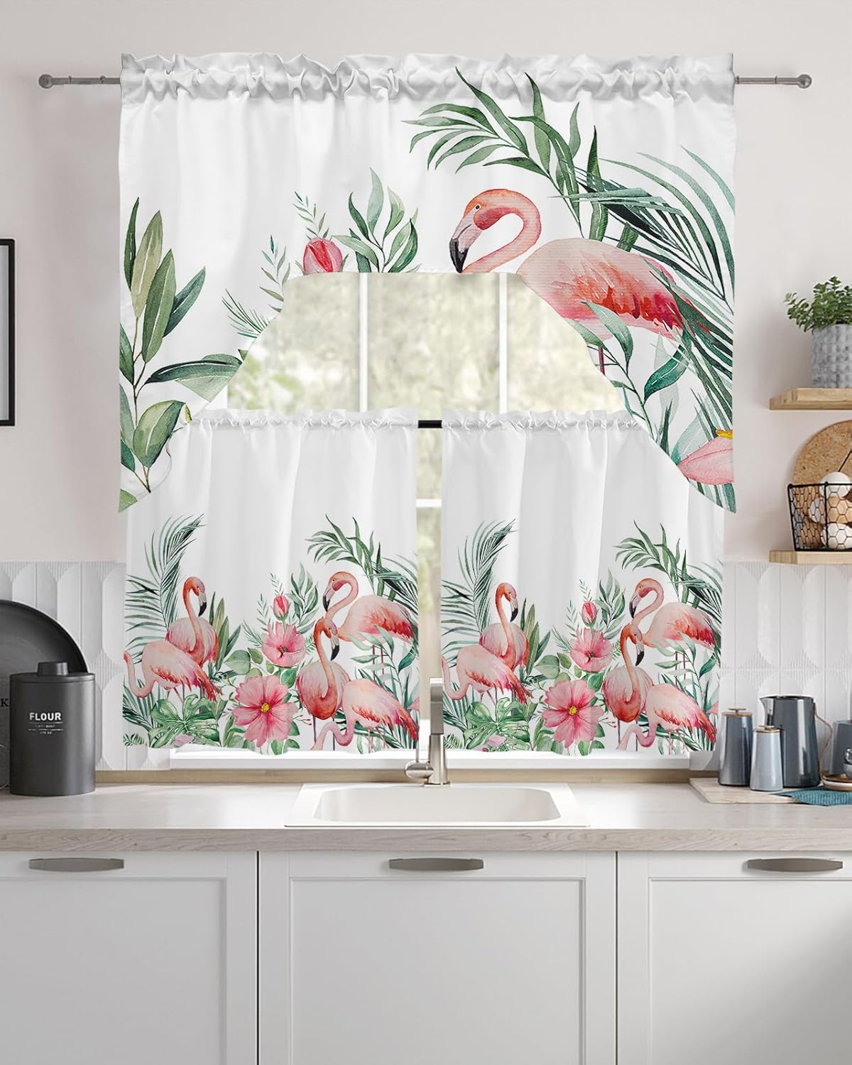Amazon.com: Flamingo Floral Kitchen Curtains Set with Swag Valance and ...