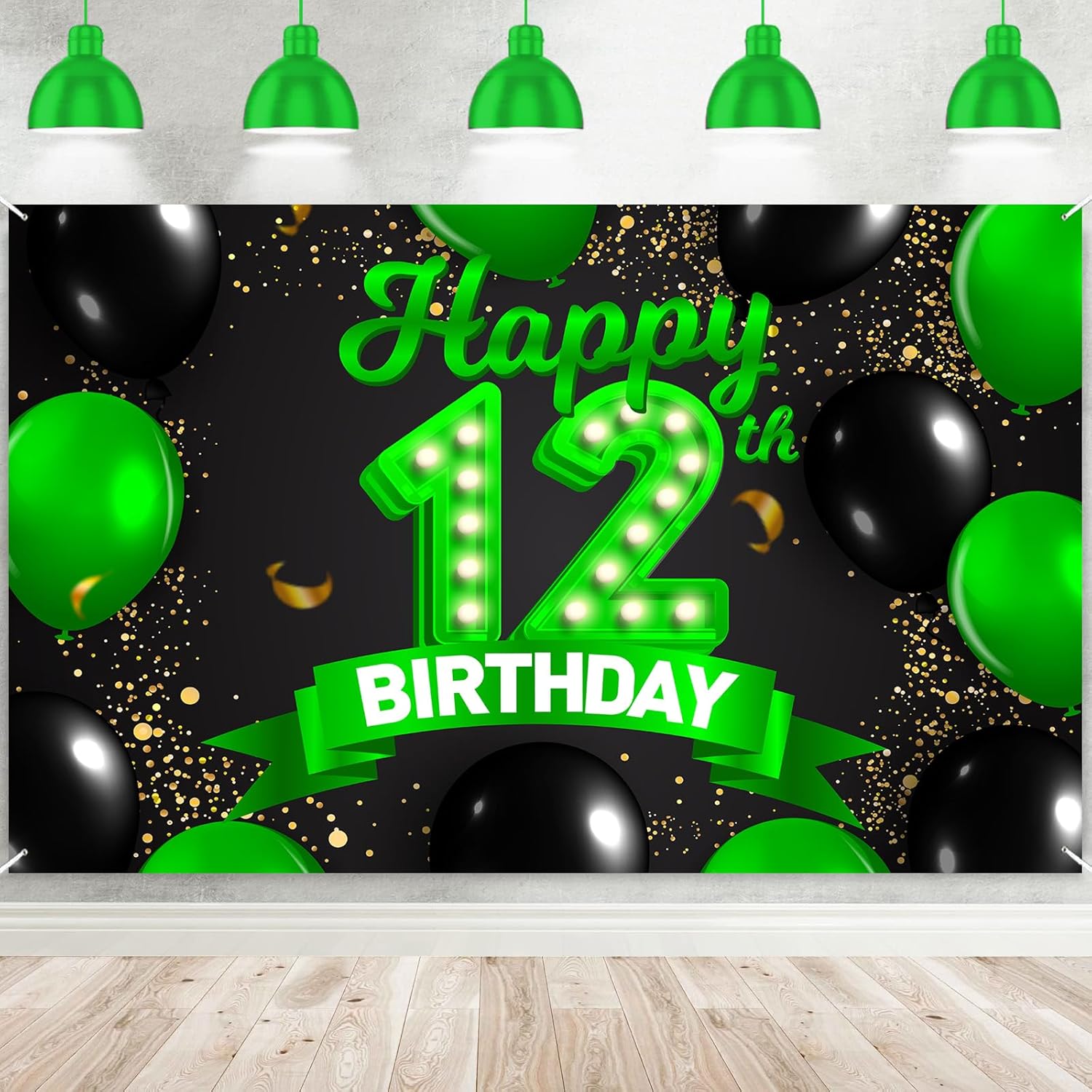 Amazon.com: Happy 12th Birthday Green and Black Banner Backdrop Cheers ...