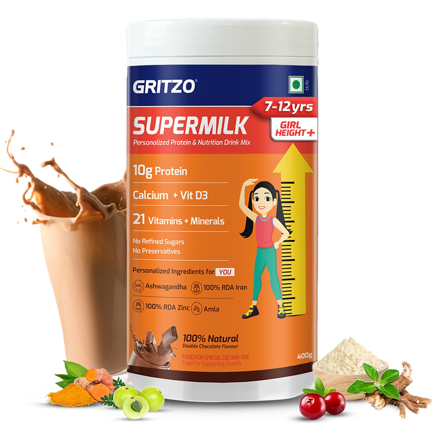 Buy Gritzo SuperMilk Height+ (7-12y Girls), 10g Protein Powder (Double ...