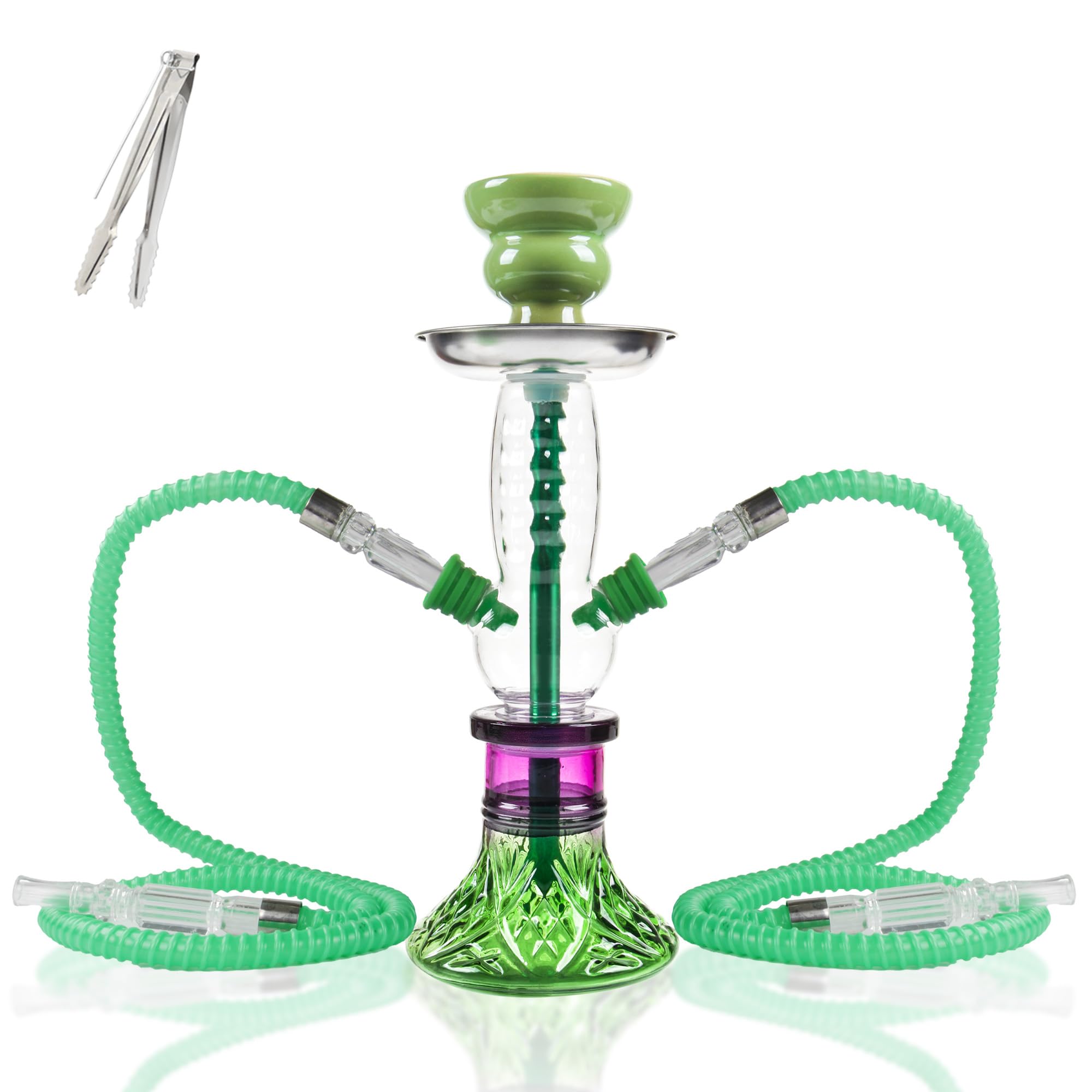 2-Hose Small Green Glass Hookah Set - Portable Water Shisha Pipe in ...