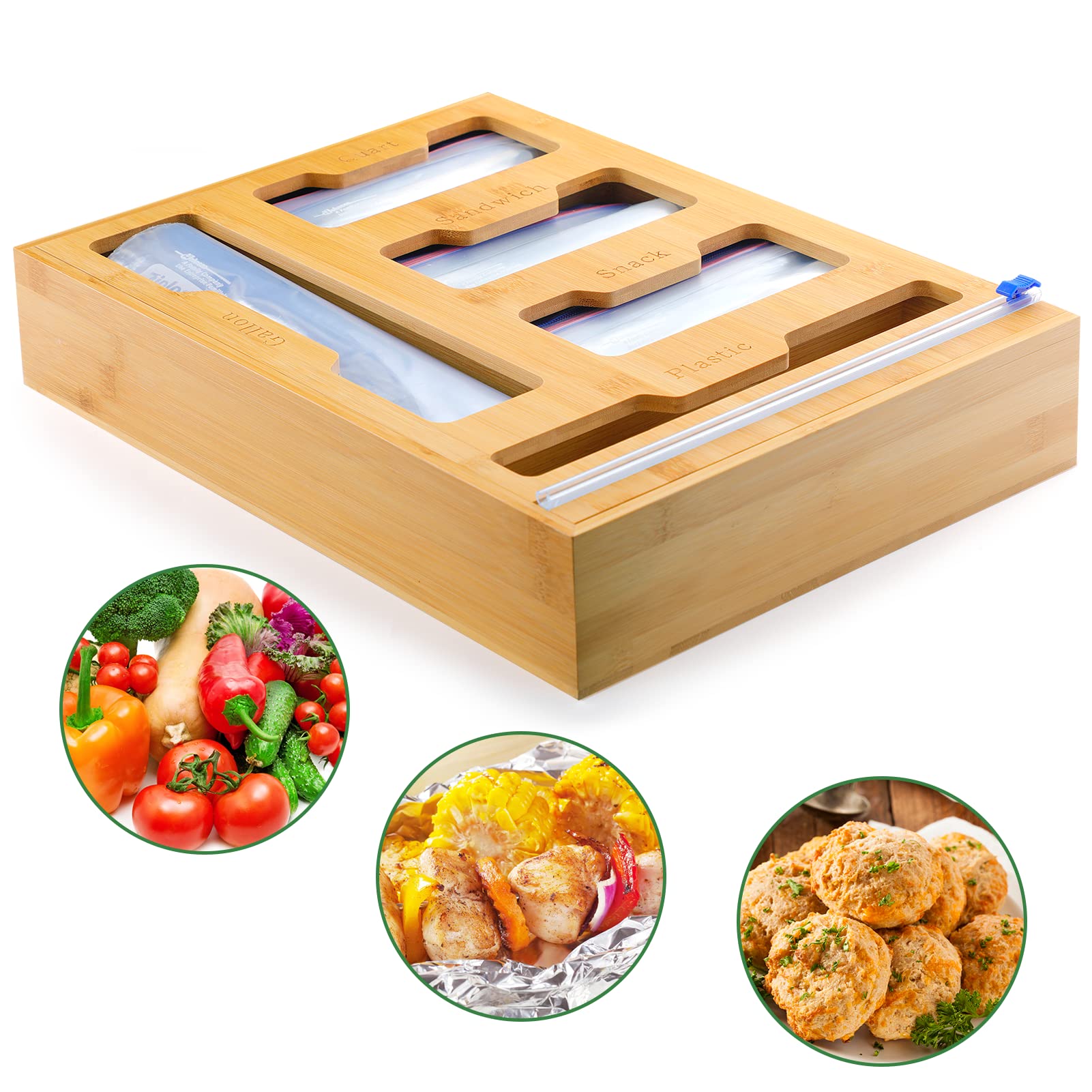 Gekmor Ziplock Bag Storage Organizer Kitchen Bag Box Dispenser Bamboo ...