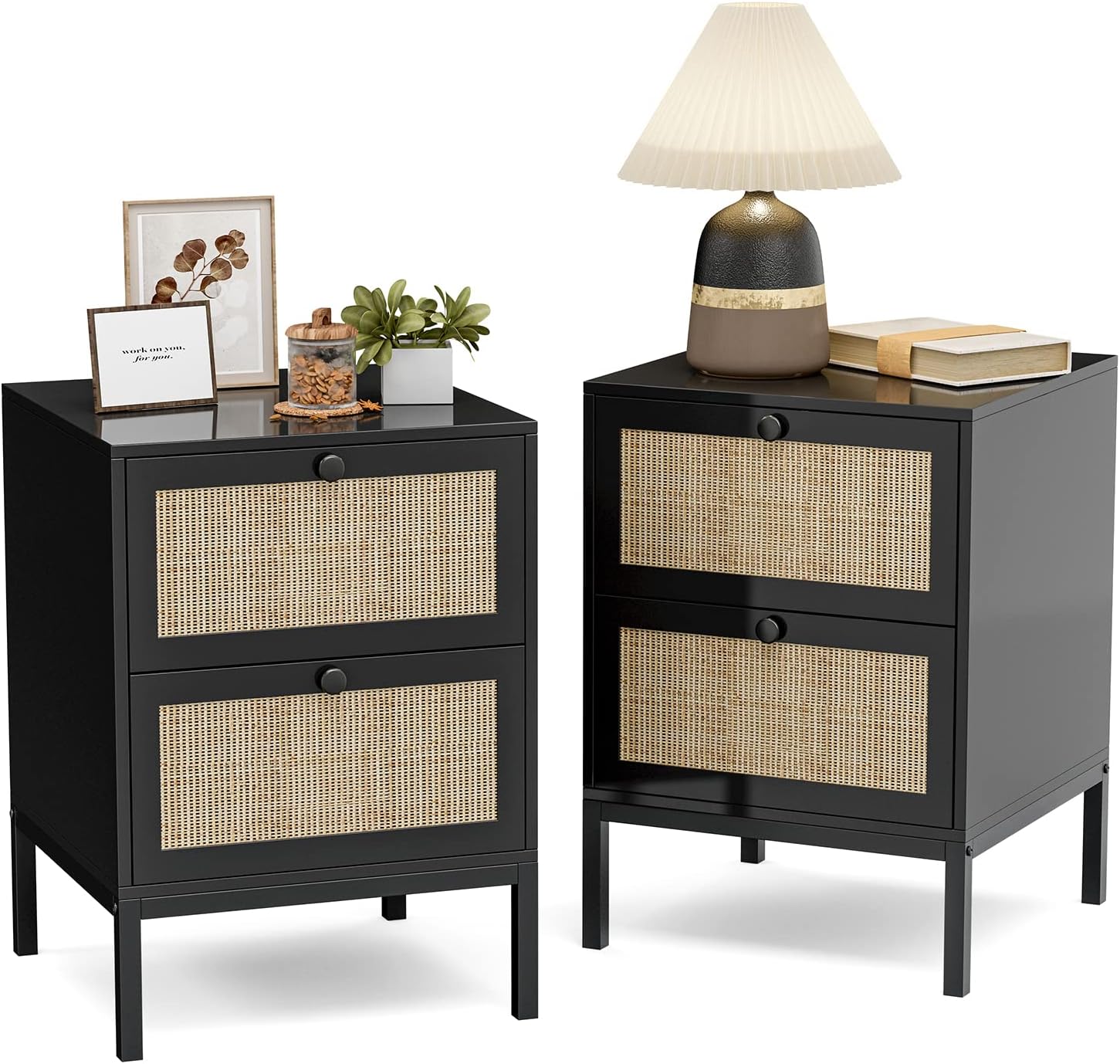Amazon.com: AOVSA Rattan Nightstands Set of 2, Black Rattan End Table ...