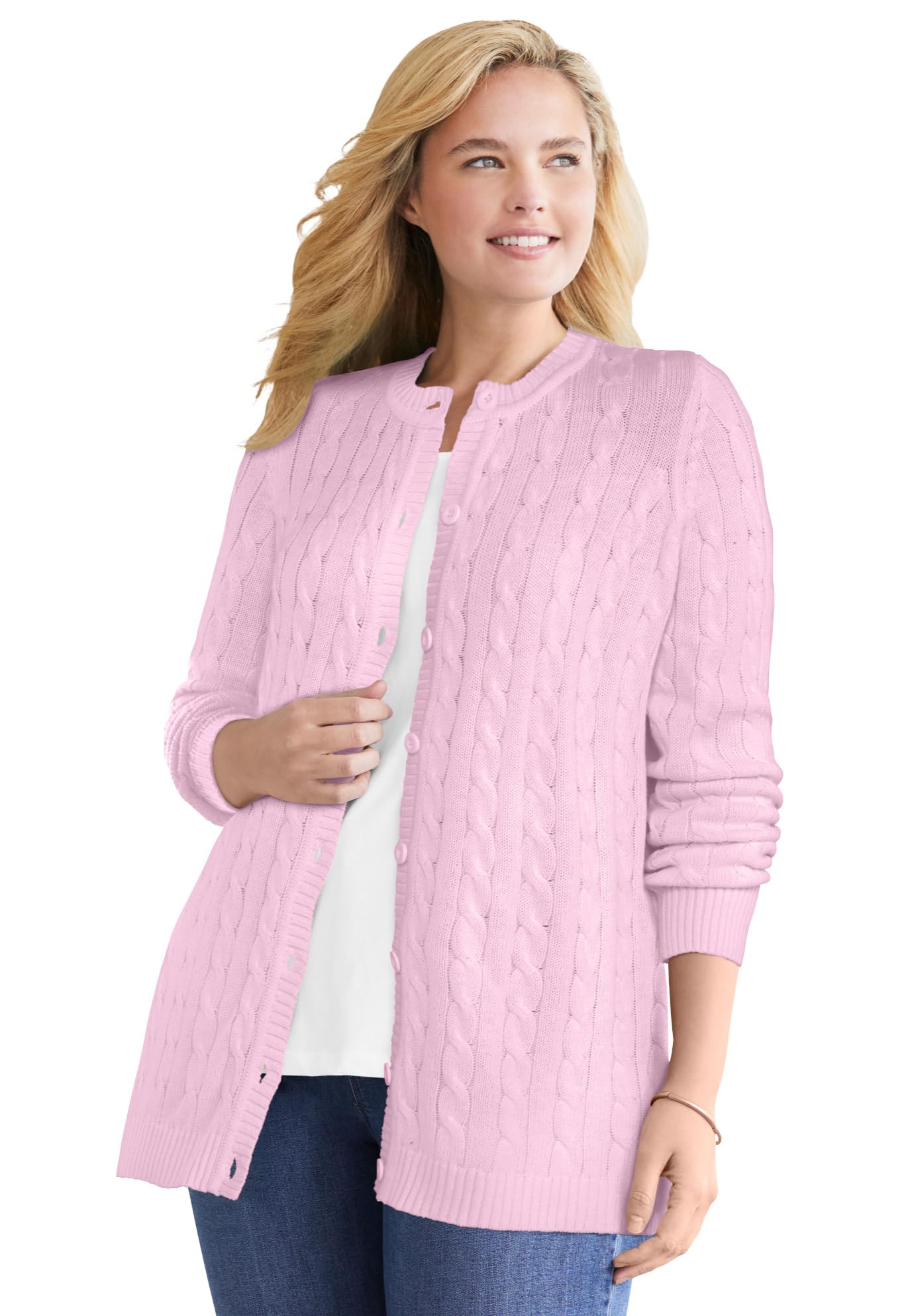 Woman Within Women's Plus Size Cotton Cable Knit Cardigan Sweater at ...