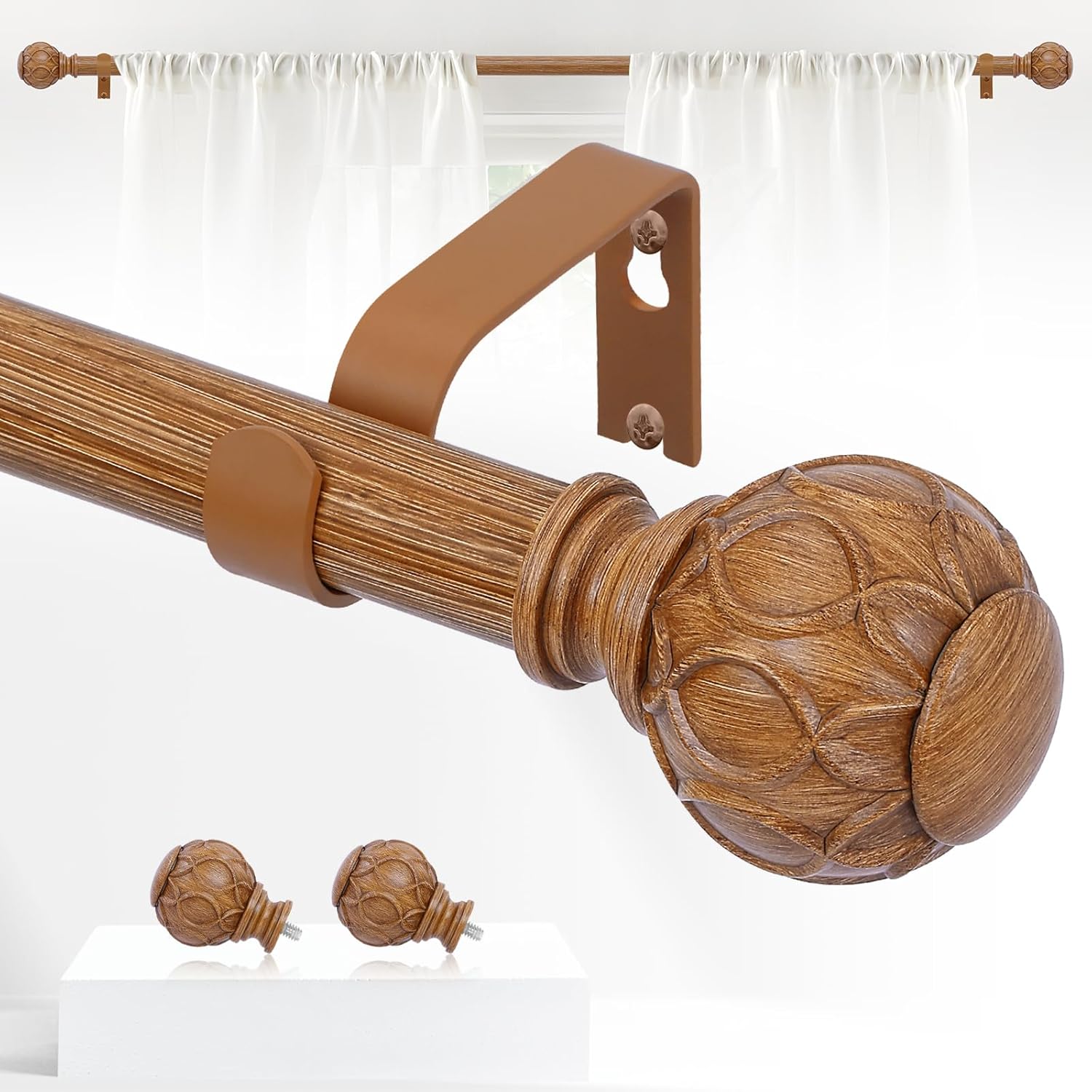 TANGWIN Boho Style Wooden Curtain Rod for Windows: Rustic Curtain Rod ...