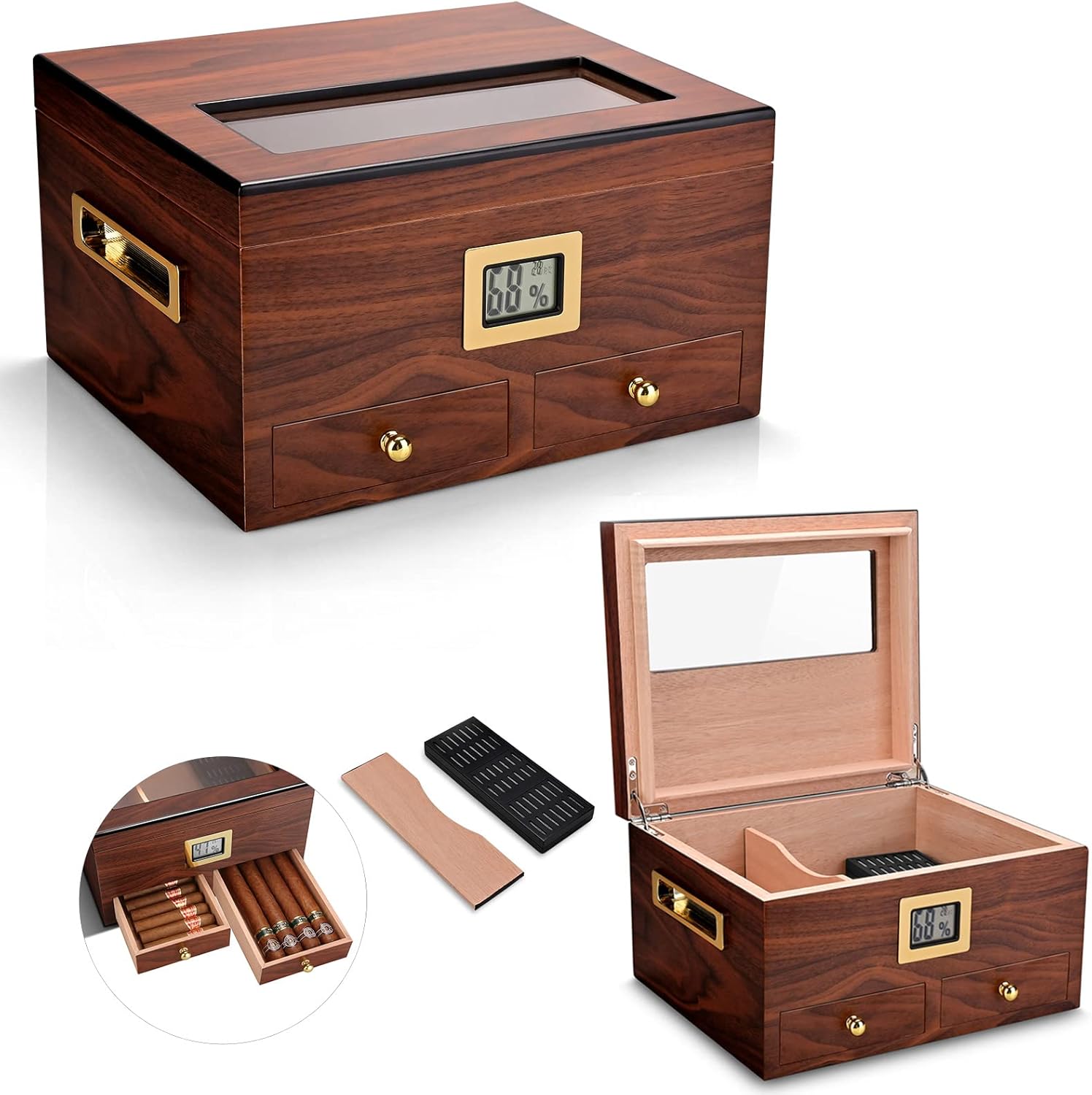 CIGARLOONG Cigar Humidor Holds 40-60 Cigars Cedar Wood Glass Top ...