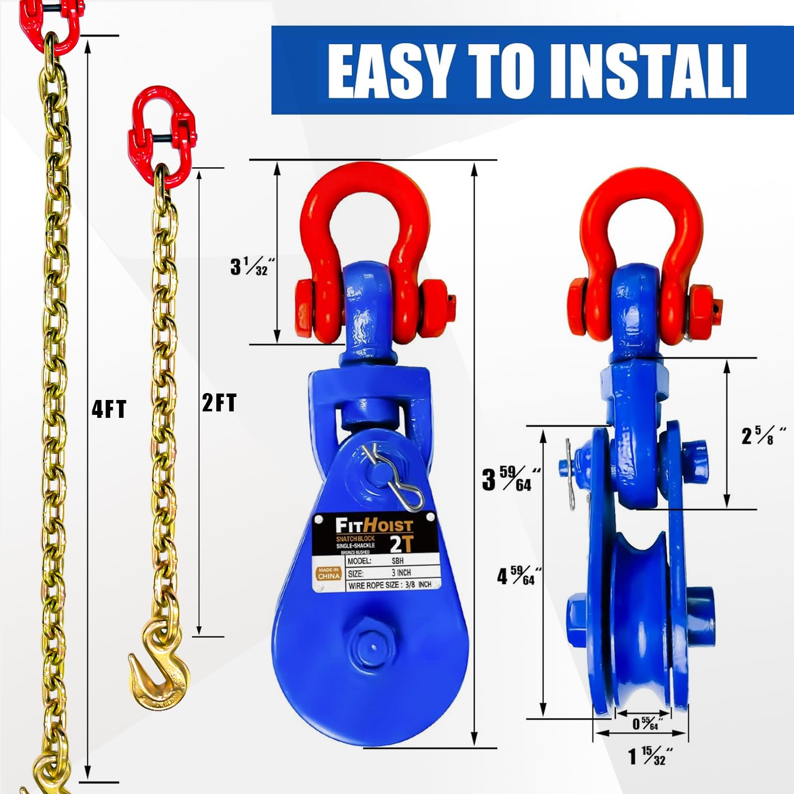 Snapklik.com : FITHOIST 2 Ton Snatch Block Kit W/ 4ft G80 Chain ...