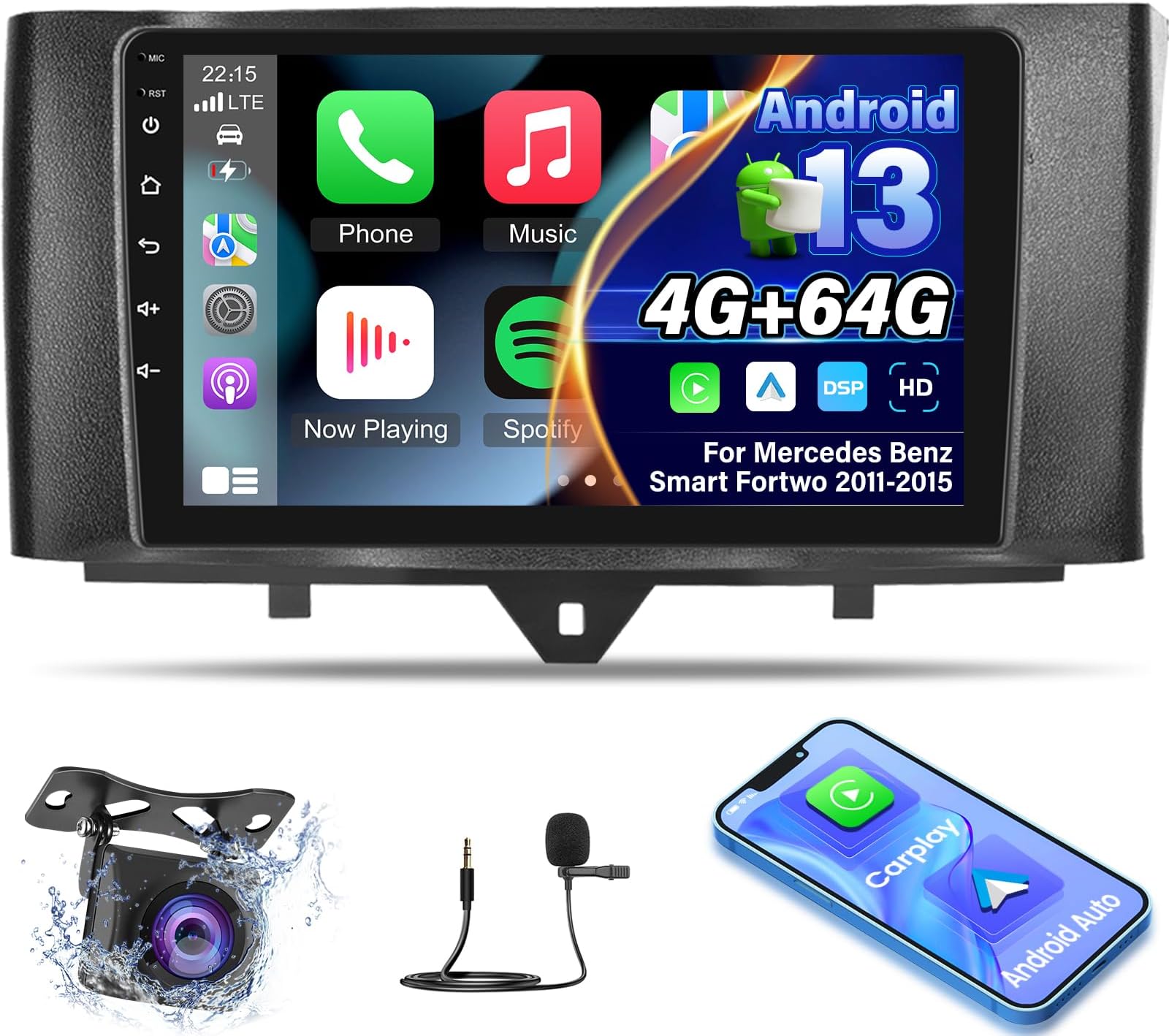4G+64G Android 13 Autoradio per Mercedes Benz Smart Fortwo 2011-2015, 9 ...