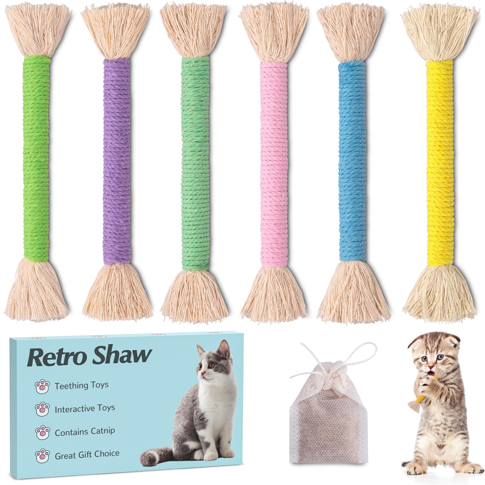 Retro Shaw Cat Toys Cat Chew Ropes,6 Pack Catnip Toys for Indoor Cats ...