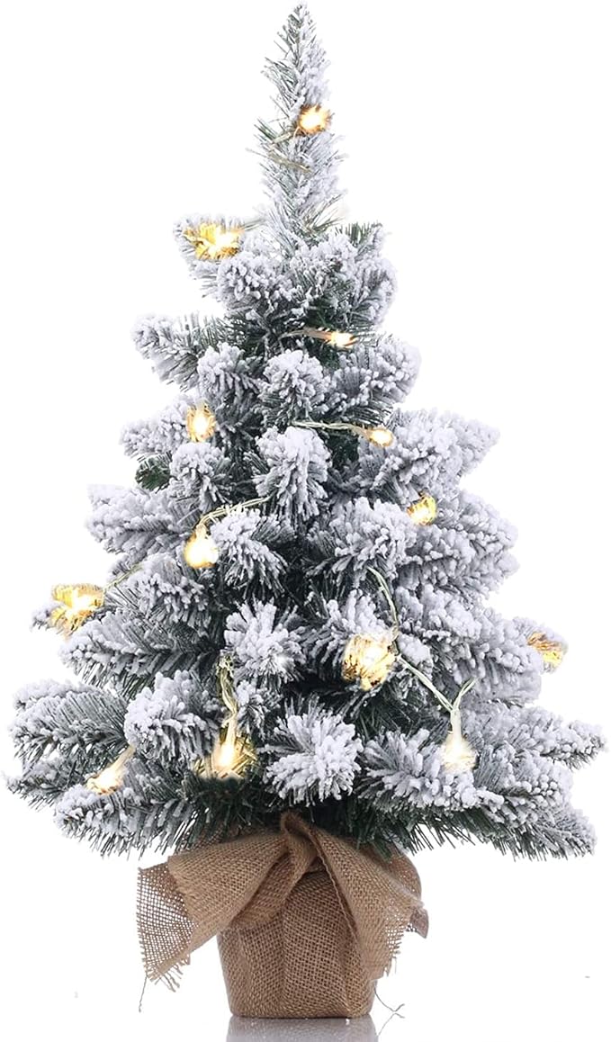 Pre-Lit Artificial Mini Christmas Tree with LED Lights,20 Inch Snow ...