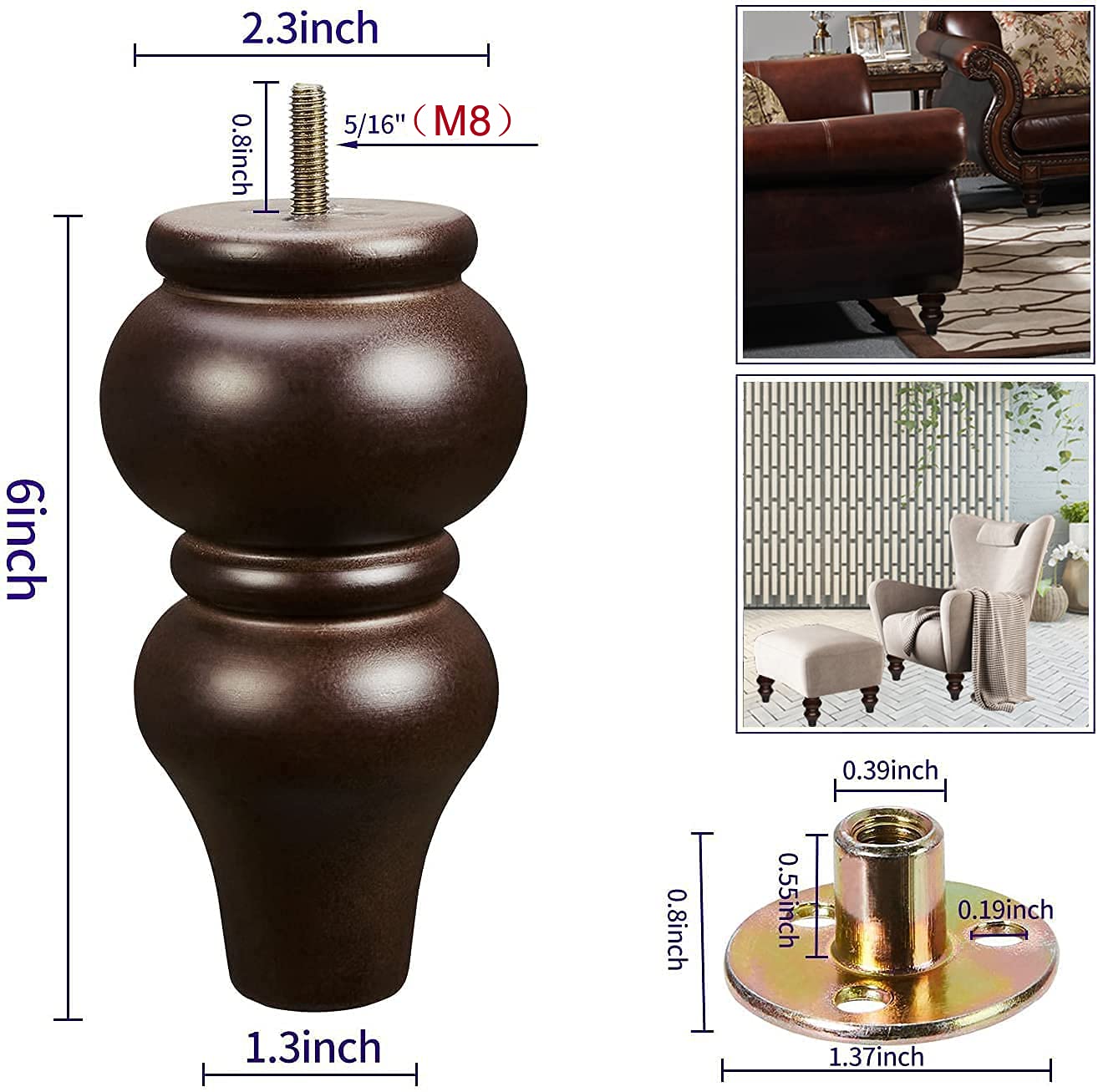 Snapklik.com : Wood Furniture Legs 6 Inch Sofa Legs Pack Of 4,Round ...