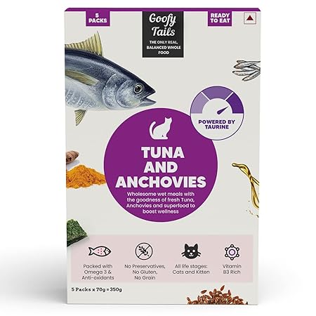 Goofy Tails Wet Cat Food and Kitten Food, Tuna and Anchovies 350g (70g X 5 Pouches ...