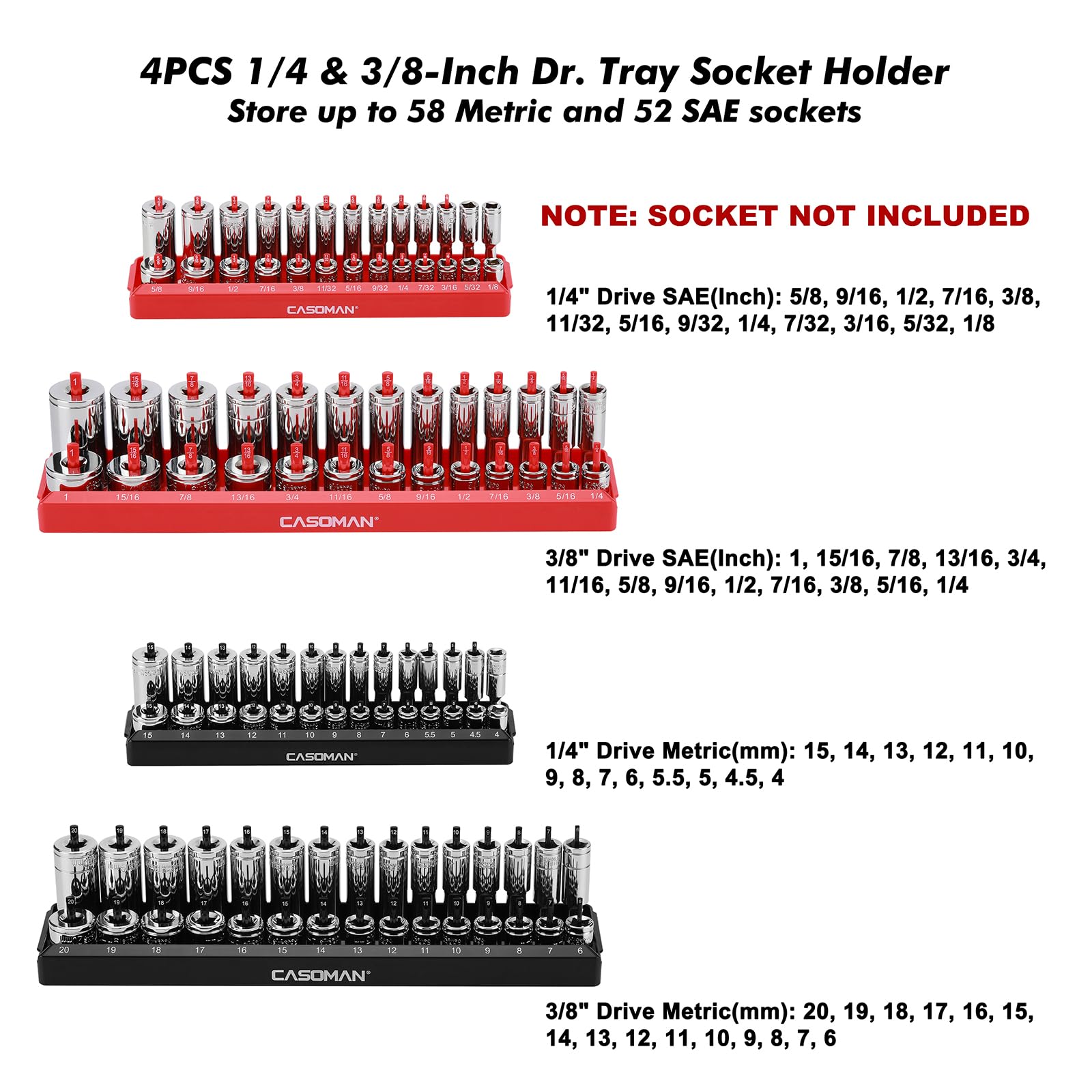 Snapklik.com : 4PCS Socket Tray Set, Black & Red, 3/8" & 1/4"Drive ...