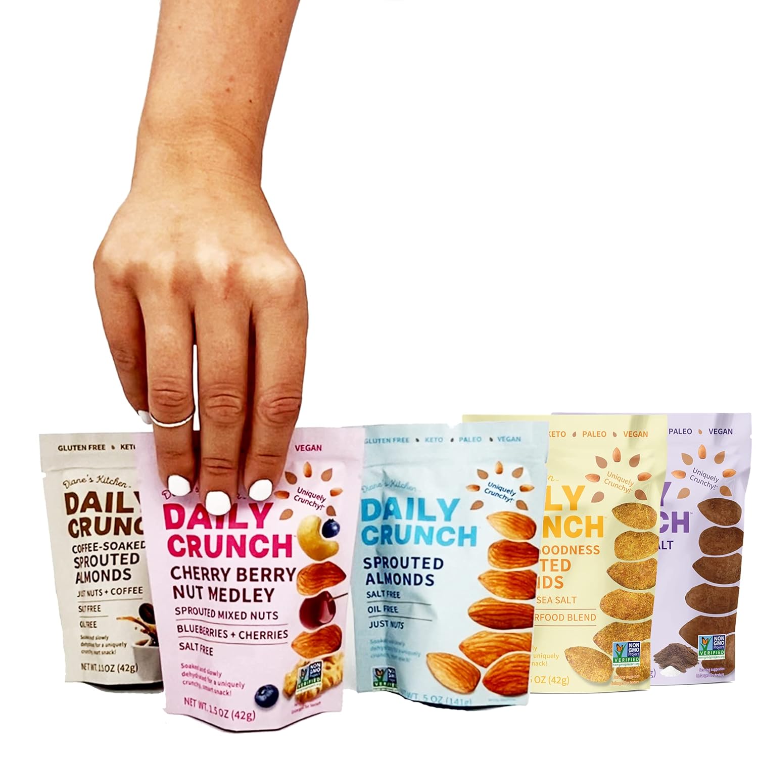 Amazon.com : Daily Crunch Fab 5 Sampler Sprouted Almonds, Salt-Free ...