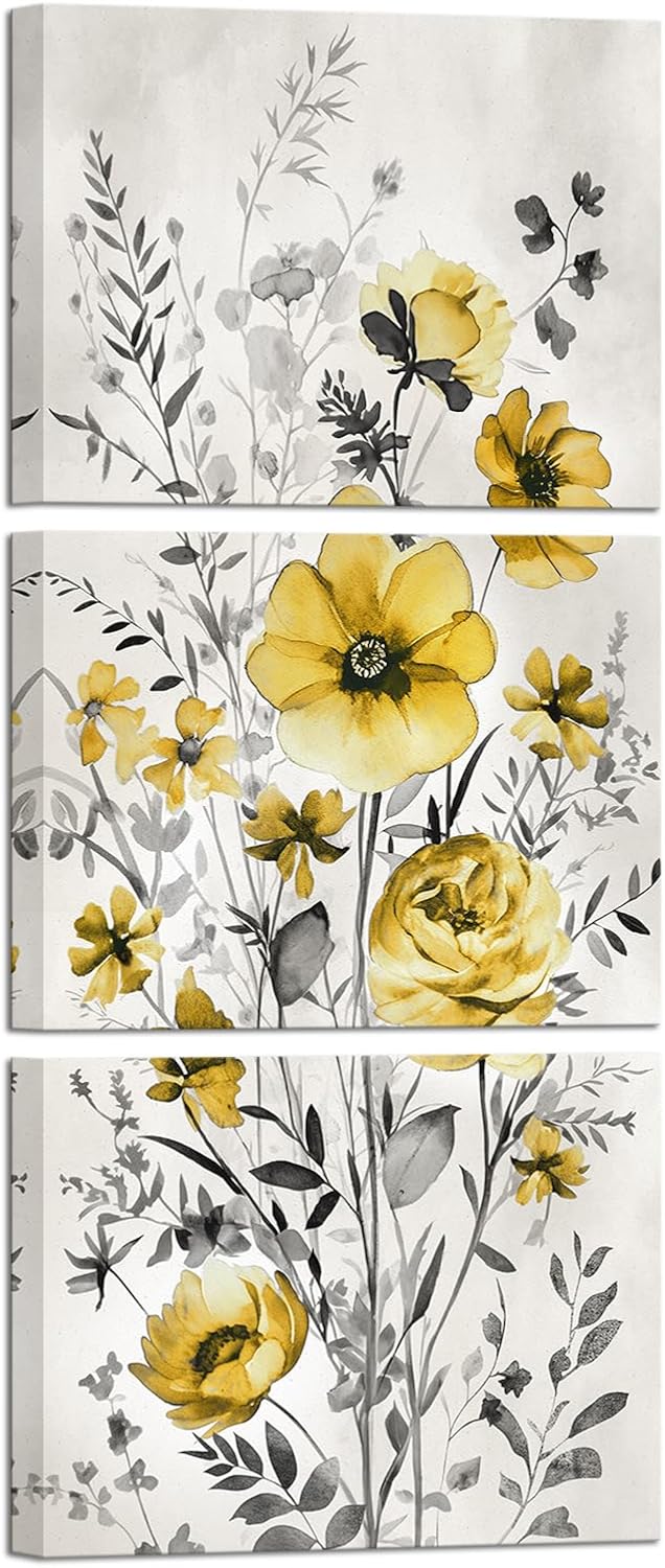Amazon.com: iHAPPYWALL 3 Pieces Yellow Flower Canvas Wall Art ...
