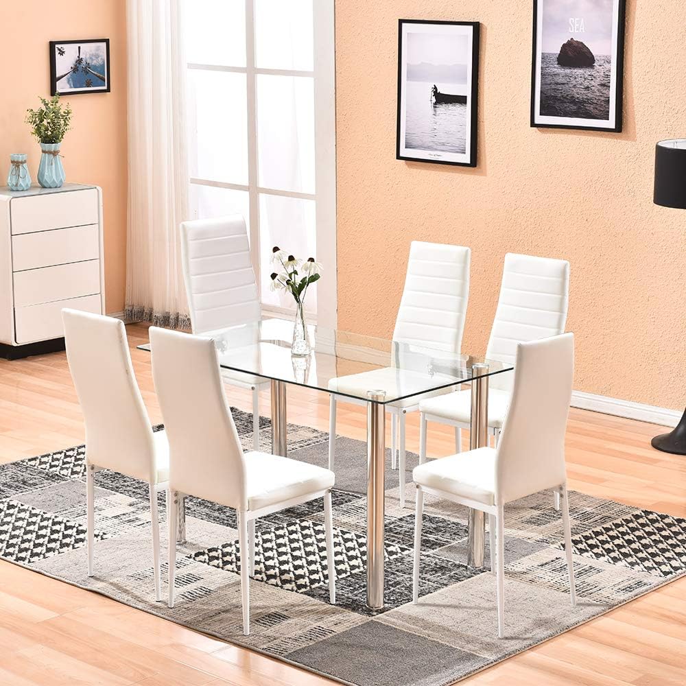 Amazon.com - 4HOMART Dining Table Set, 7 PCS Modern Tempered Glass Top ...