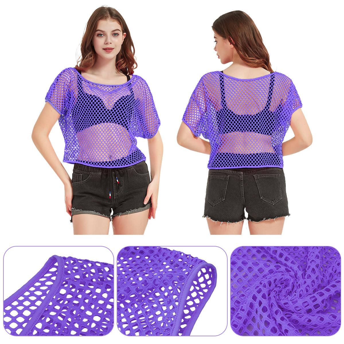 WILDPARTY 80s Fancy Dress Fishnet Top for Women, Neon Mesh Top Off The ...
