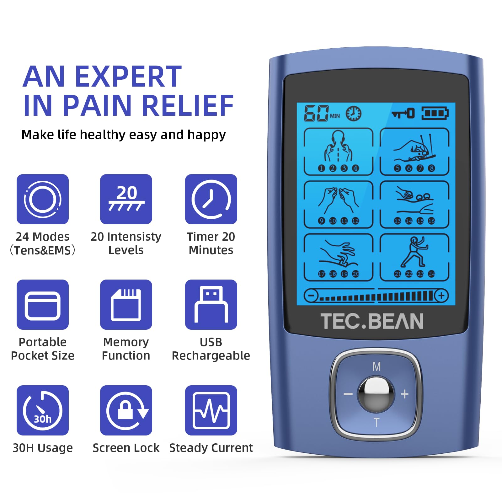 TEC.BEAN 24 Modes TENS Unit Muscle Stimulator, Rechargeable TENS ...