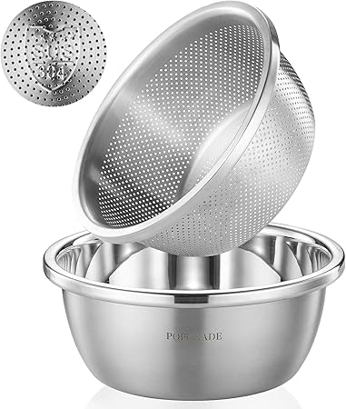 Amazon.com: 304 Stainless Steel Colander Bowl Set, 2-Qt Rice Washing ...