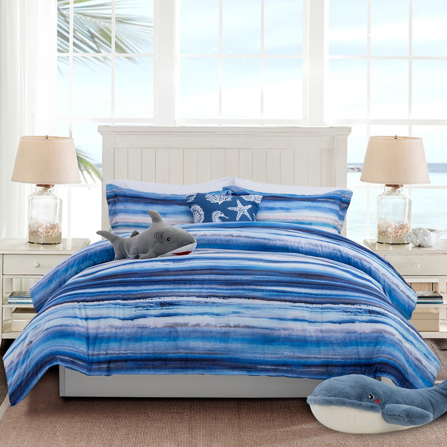 Amazon.com: Holawakaka Beach Stripe Bedding Sets 6 Pieces, Blue White ...
