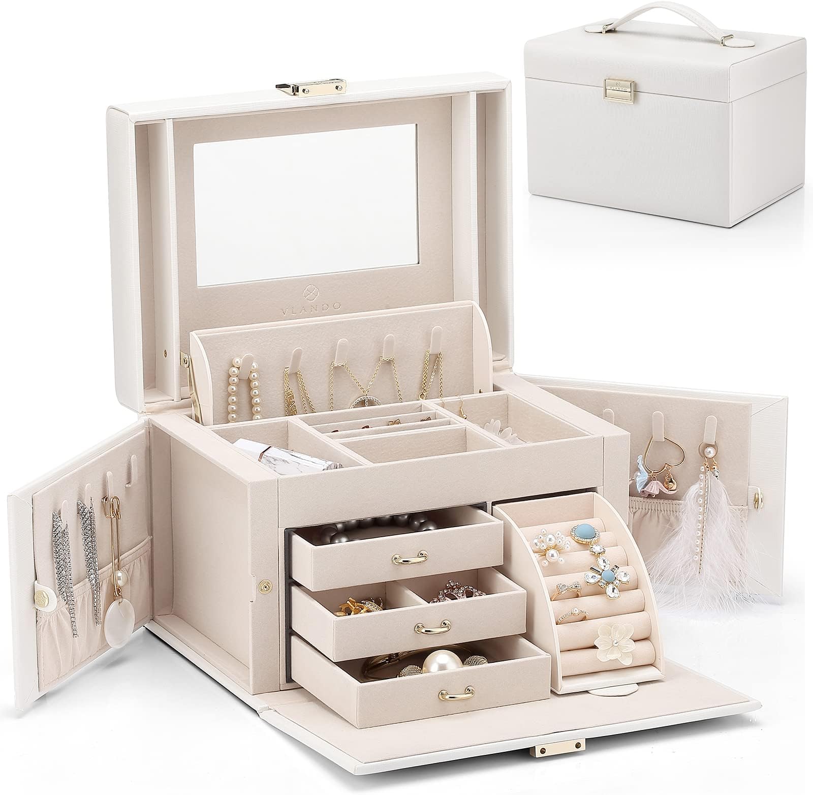 Vlando Large Jewellery Box for Women, High-End PU Leather Mirror ...