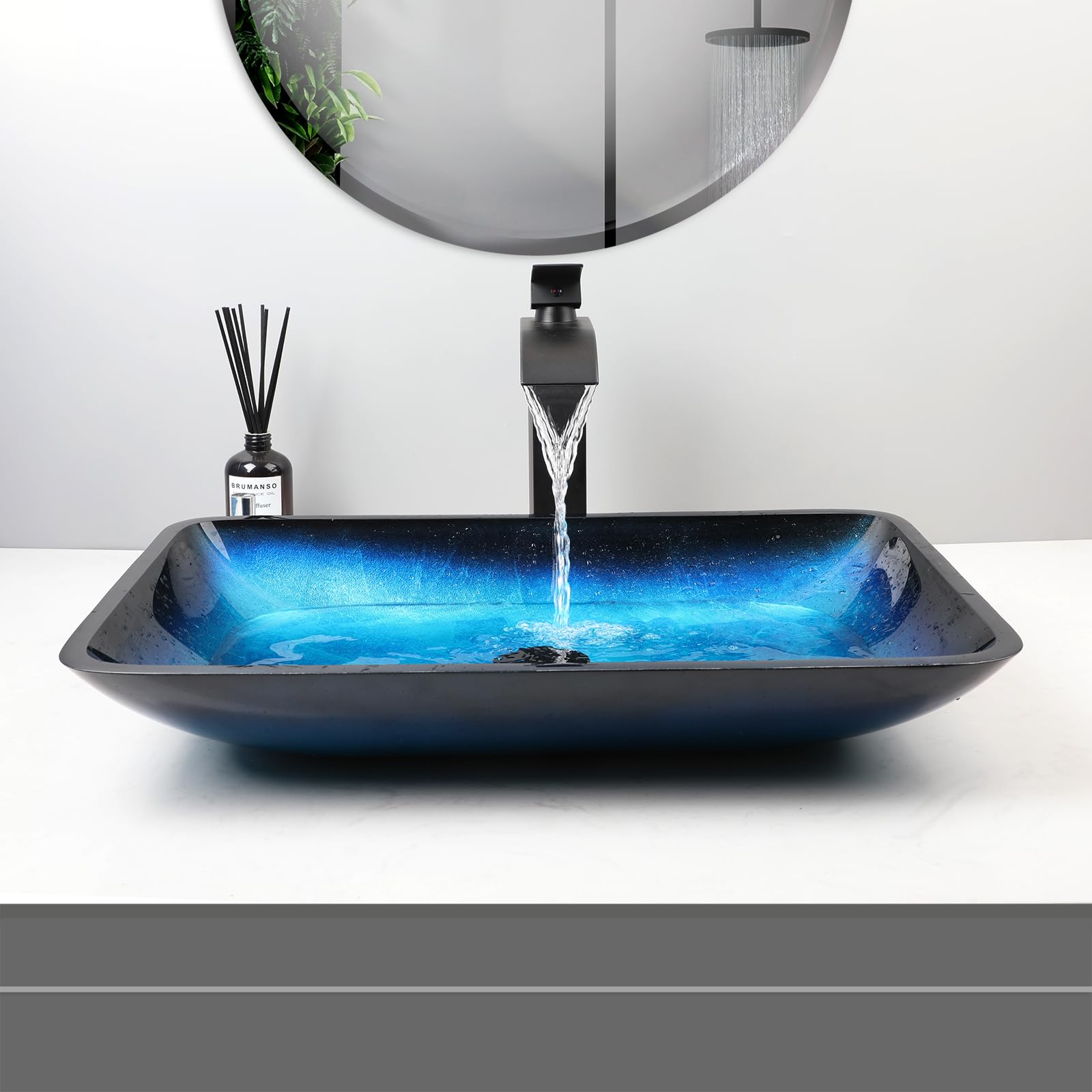 Focitland Bathroom Vessel Sink 22 Inch Blue Glass Sink Art Basin,Above ...