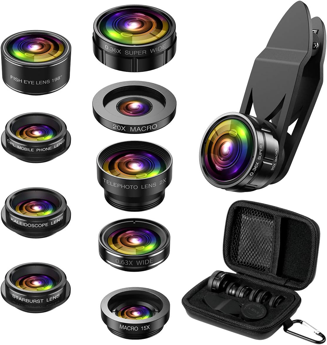 Amazon.com: Phone Camera Lens, 9 in 1 Lens Kit, Zoom Lens, 0.36X Wide ...